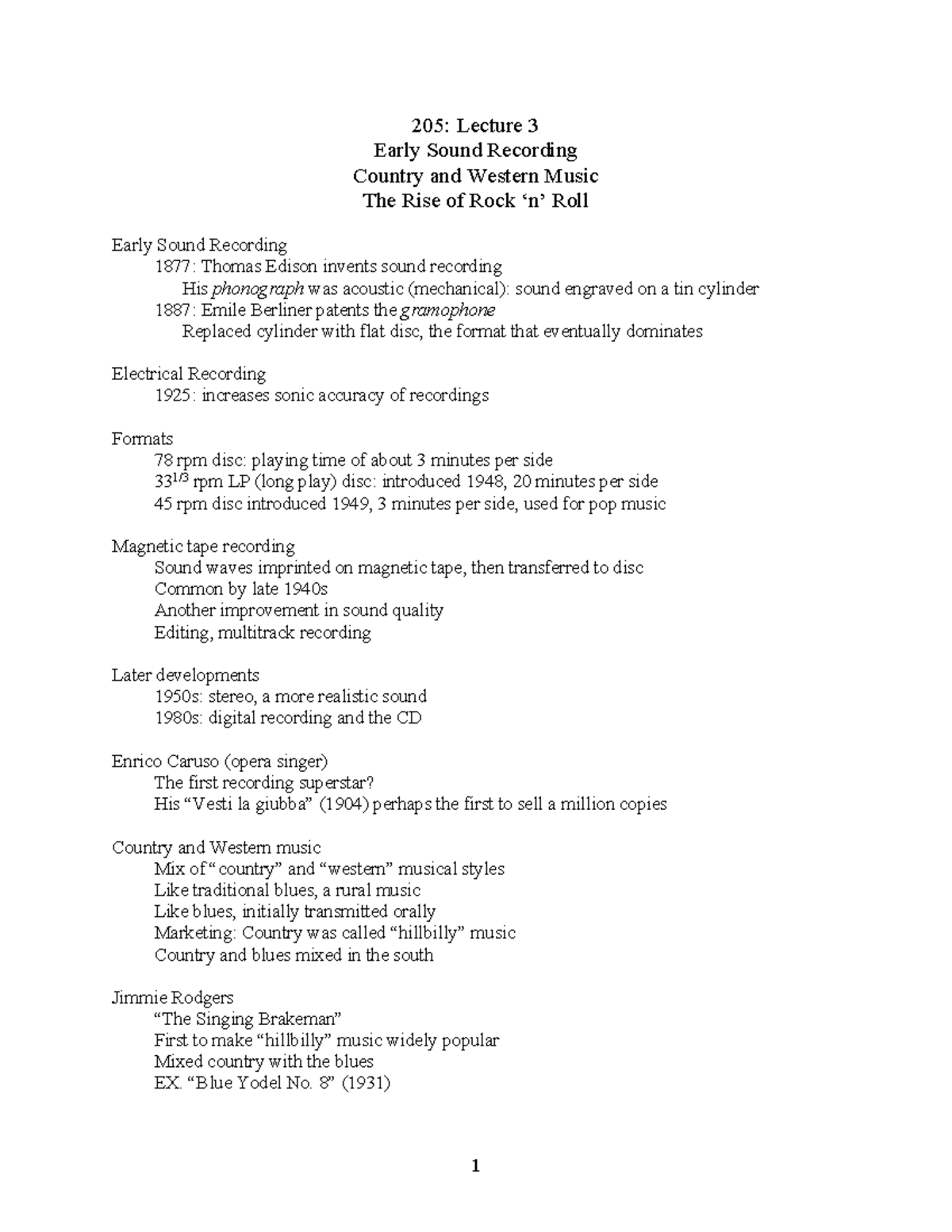 Lecture 03-1 - 1 205: Lecture 3 Early Sound Recording Country and ...