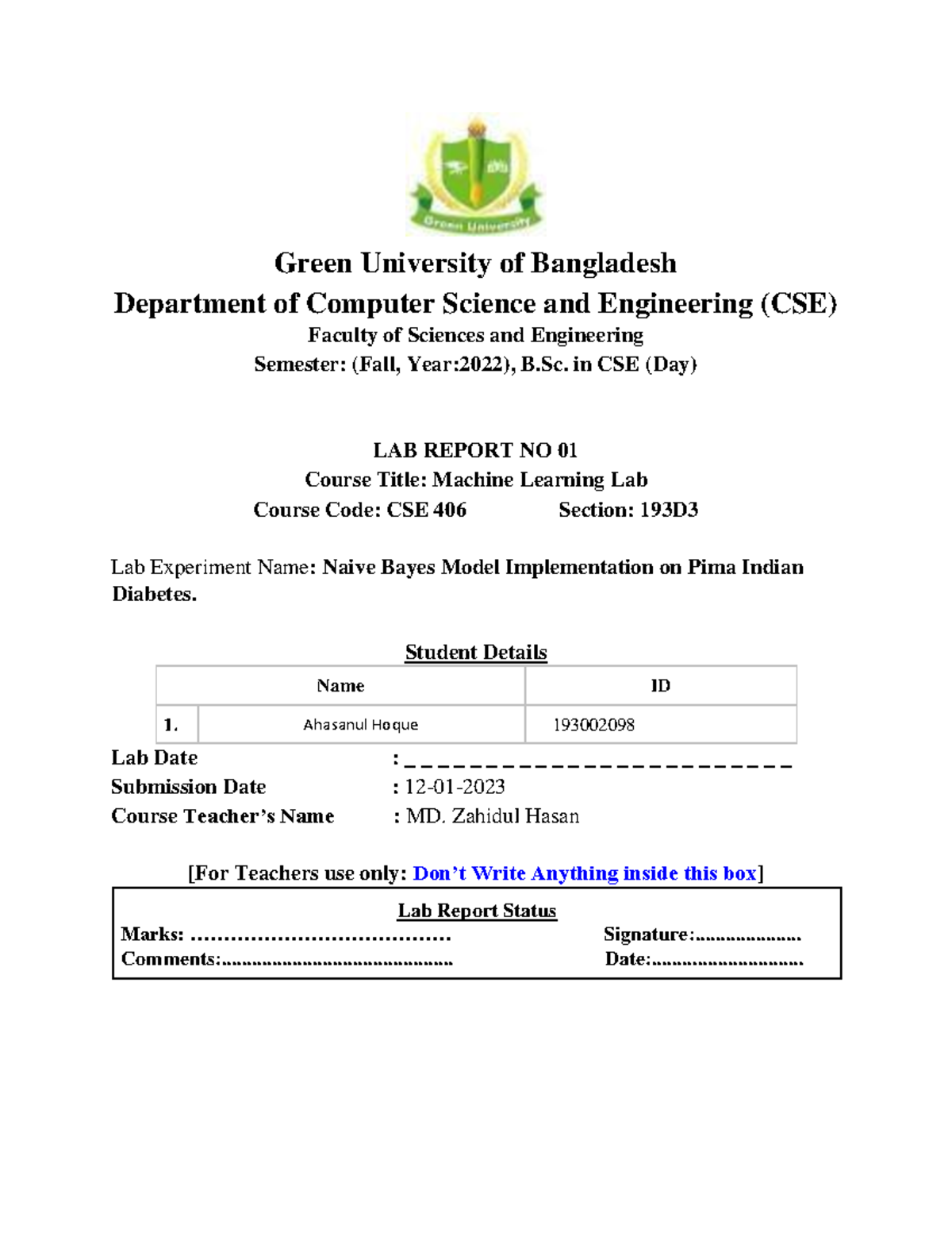 193002098 LAB Report ML - Green University of Bangladesh Department of ...