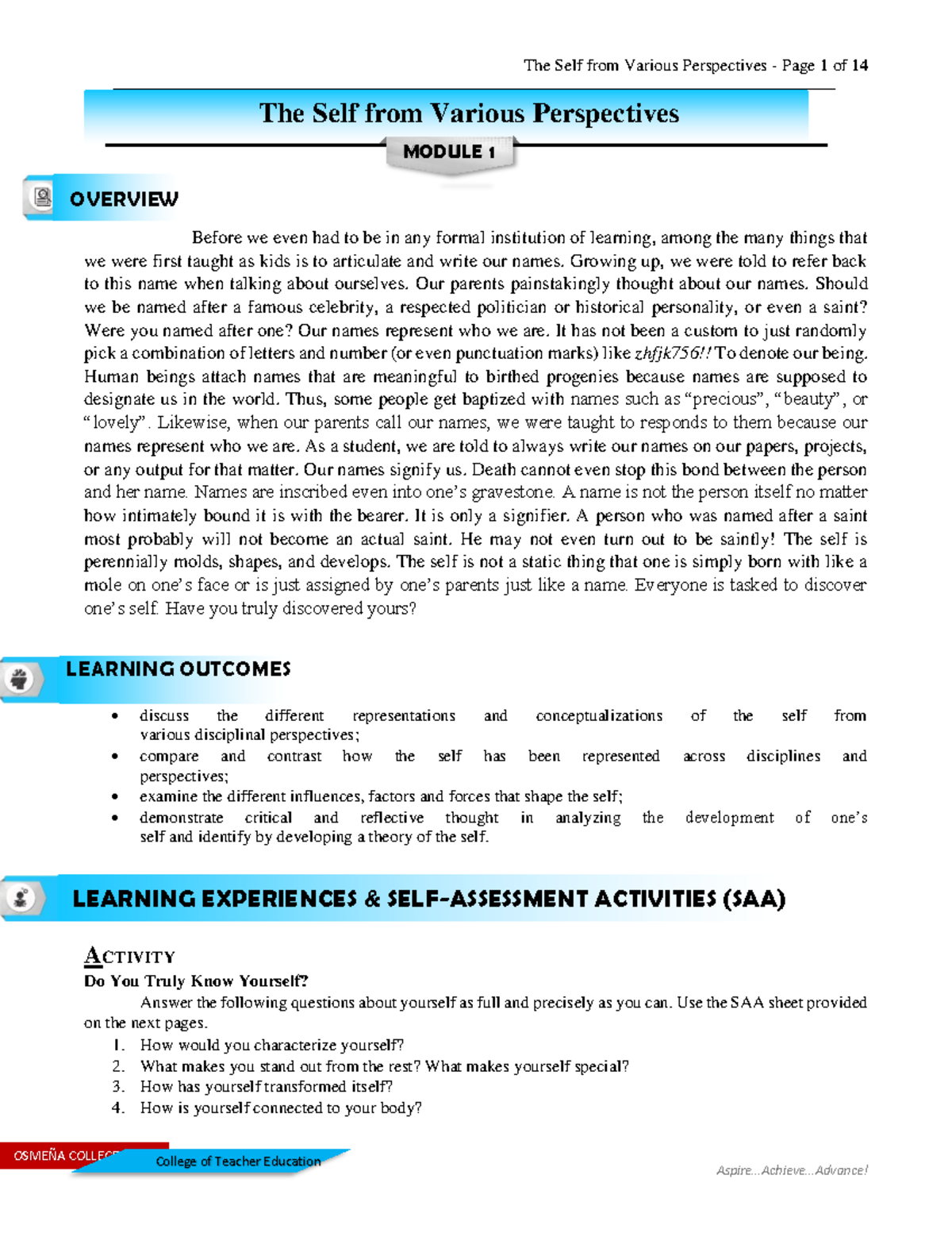 GE 1 M1 1 - Understanding the Self Module 1 - OSME—A COLLEGES College ...
