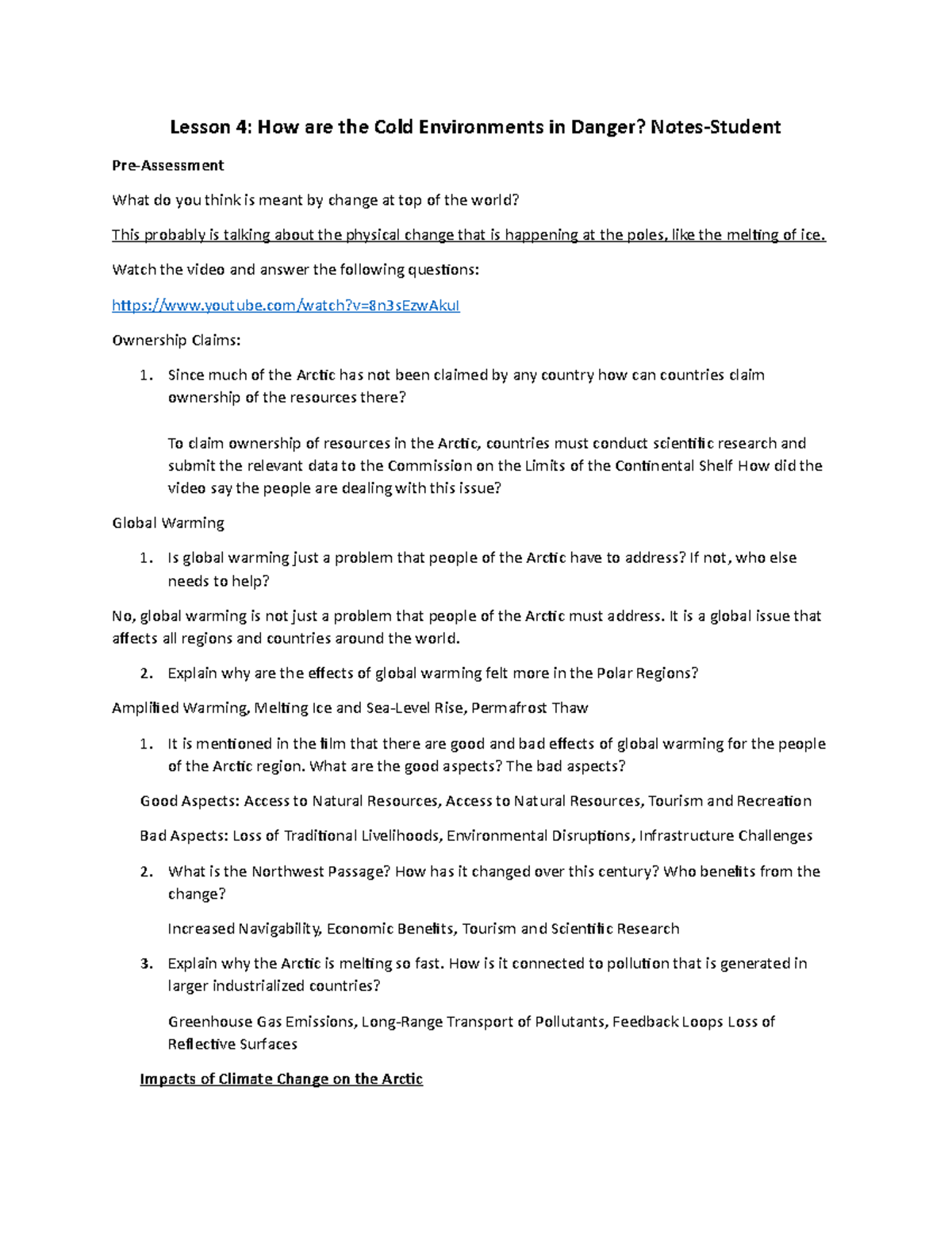 Lesson 4 How are the Arctics in Danger- Student Notes - Lesson 4: How ...
