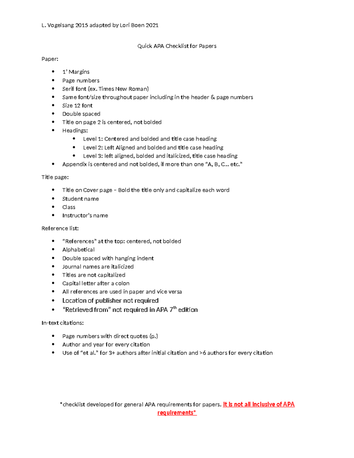 APA Checklist for Papers - L. Vogelsang 2015 adapted by Lori Boen 2021 ...