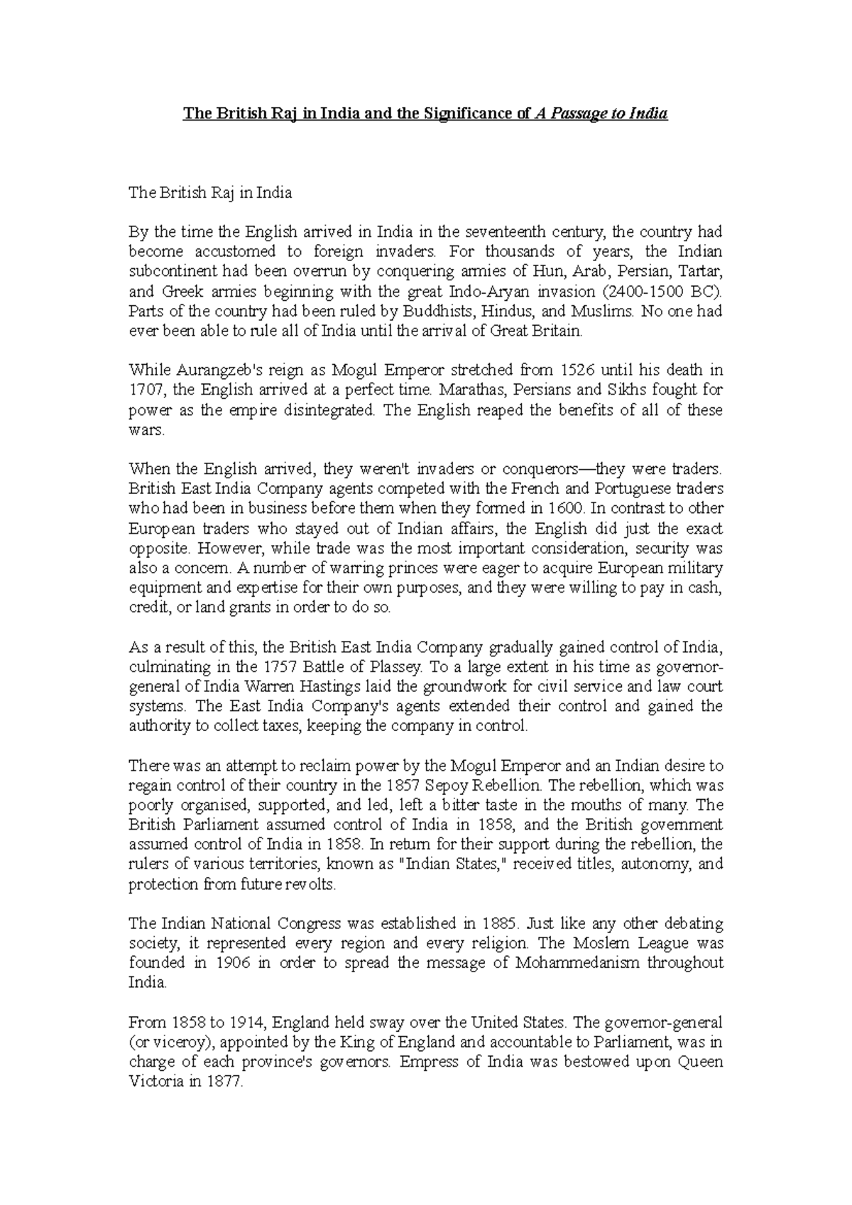 The British Raj in India and the Significance of A Passage to India ...