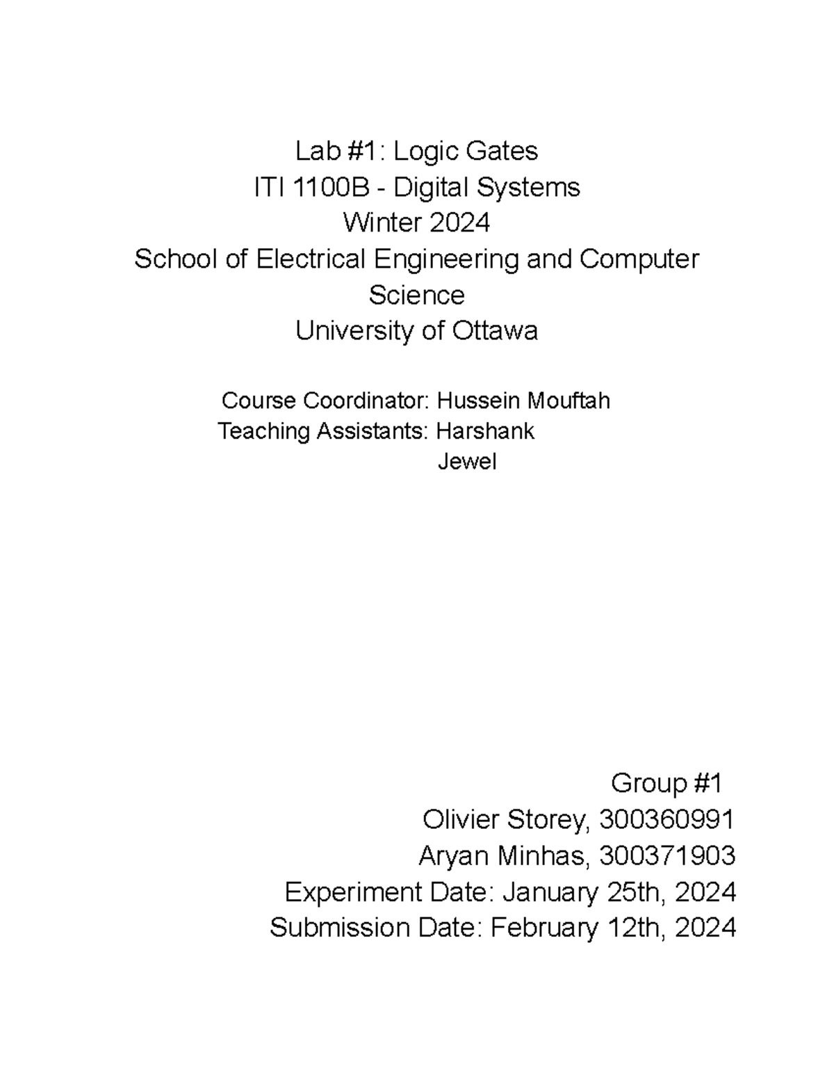 Lab 1 - lab 1 - Lab #1: Logic Gates ITI 1100B - Digital Systems Winter ...