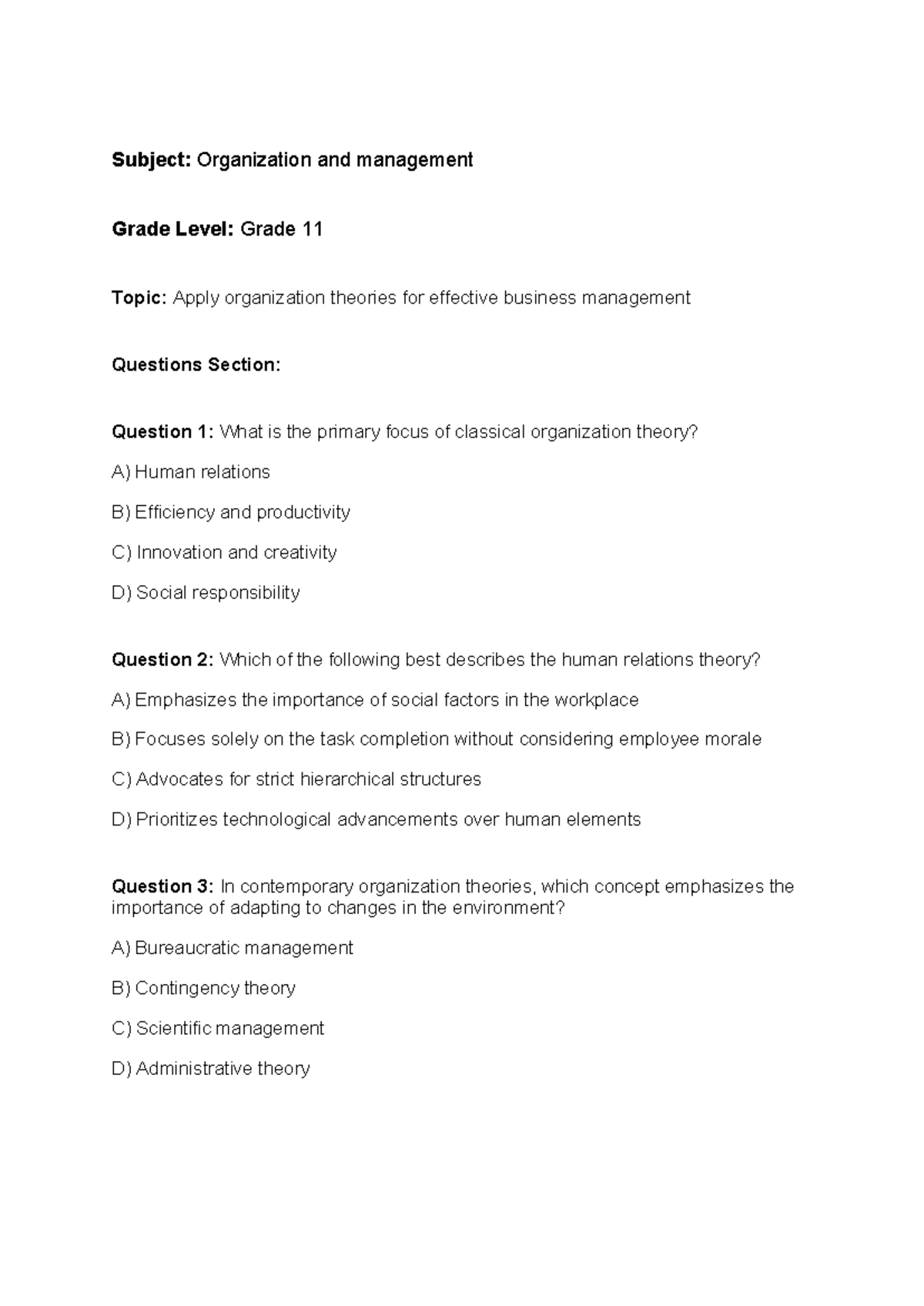 Quiz Organization and management - Subject: Organization and management ...