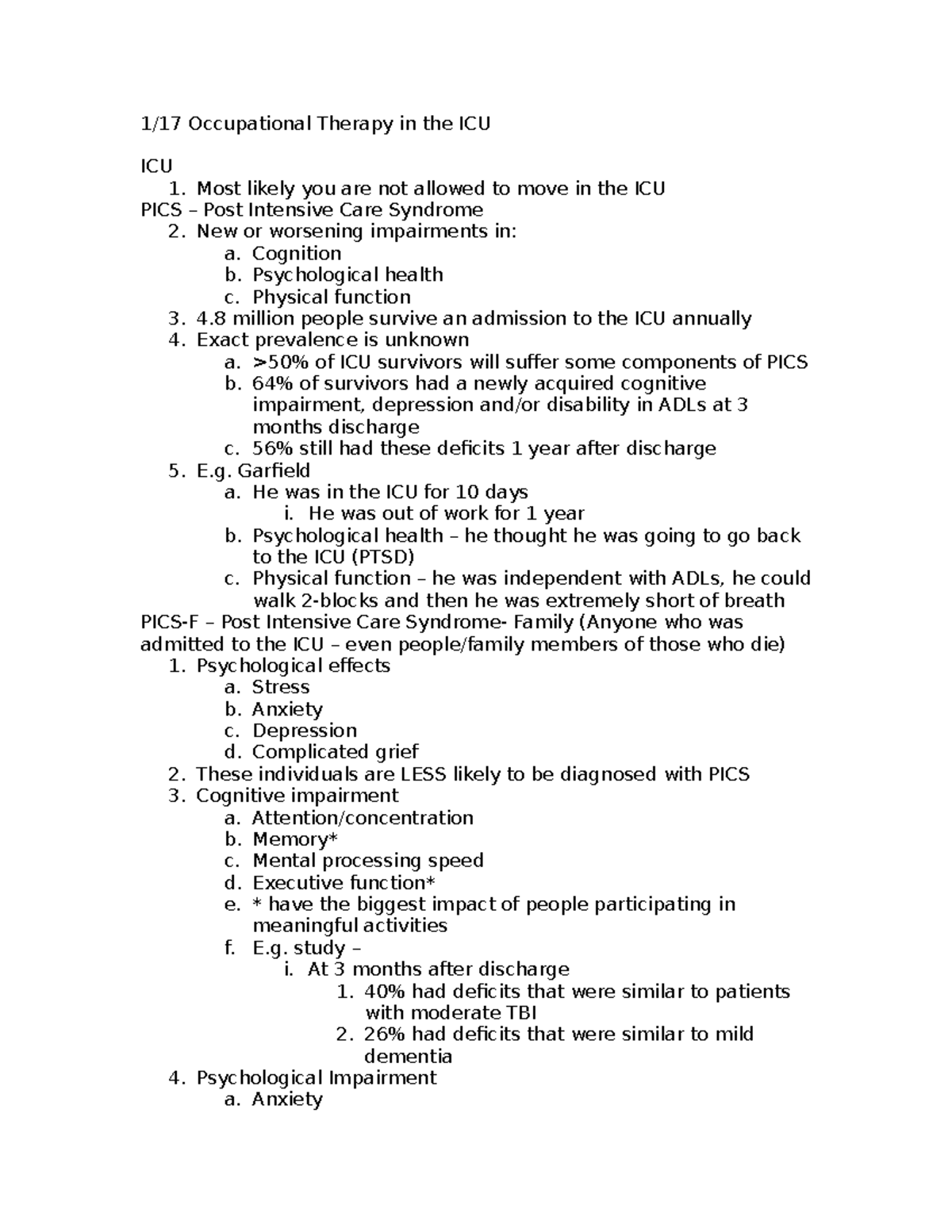 OT in the ICU - OT in the ICU lecture notes - 1/17 Occupational Therapy ...