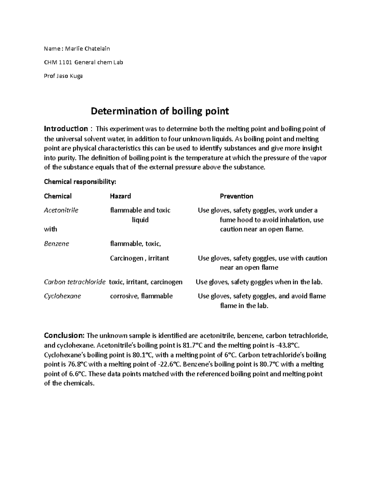 Chem Lab 1 - Boiling point and seperation - Name : Marlie Chatelain CHM ...