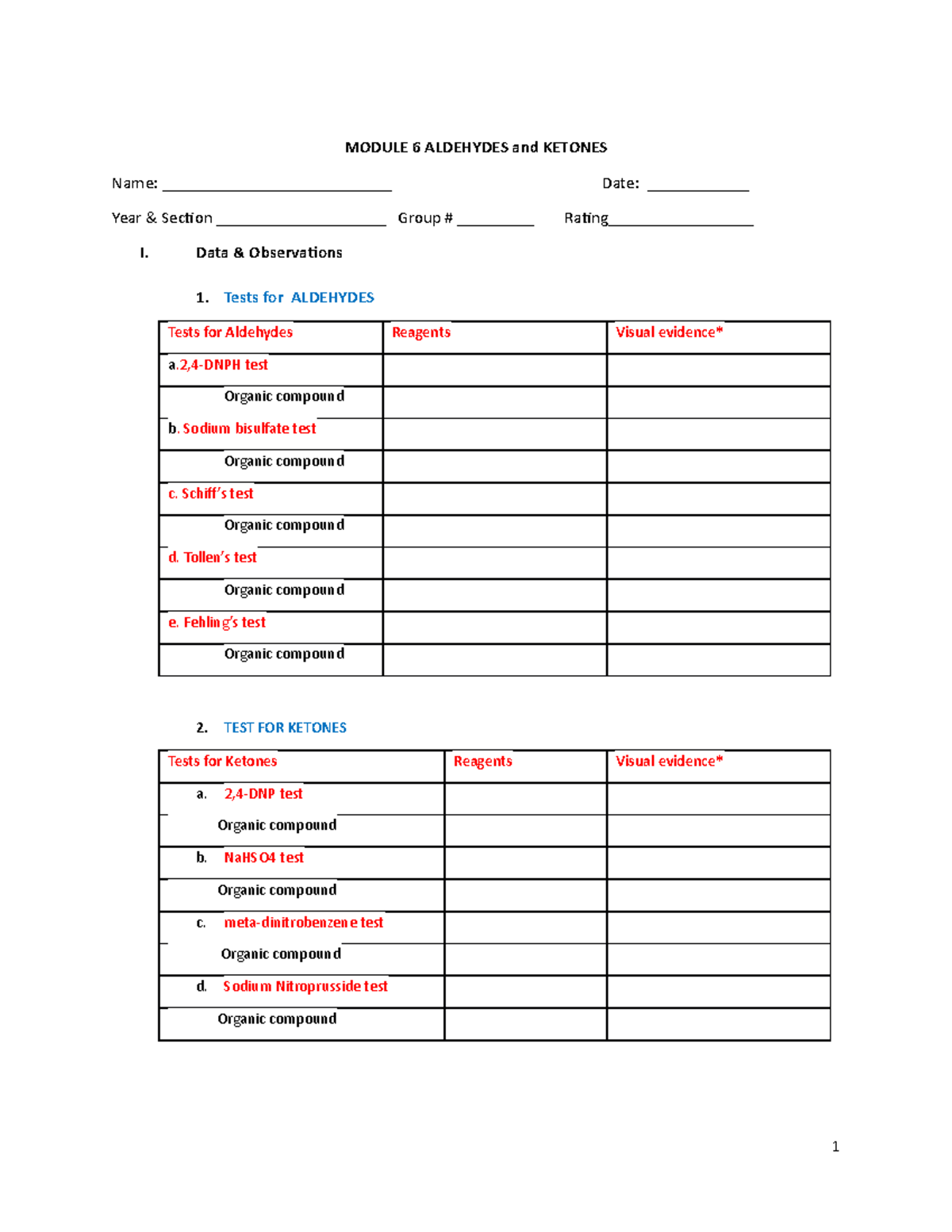 Organic Chem. Lab. M6 Activity Sheet PCCH103L - MODULE 6 ALDEHYDES and ...