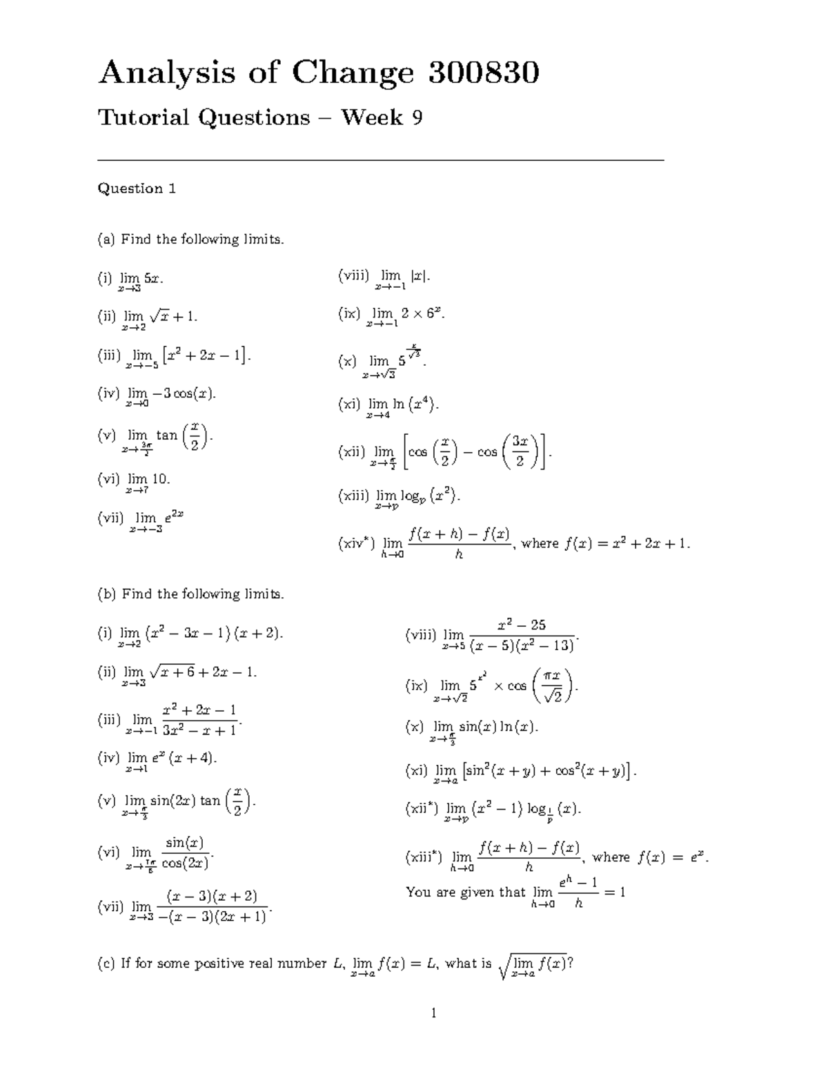 Tutorial Sheet 8 - Analysis of Change 300830 Tutorial Questions – Week ...