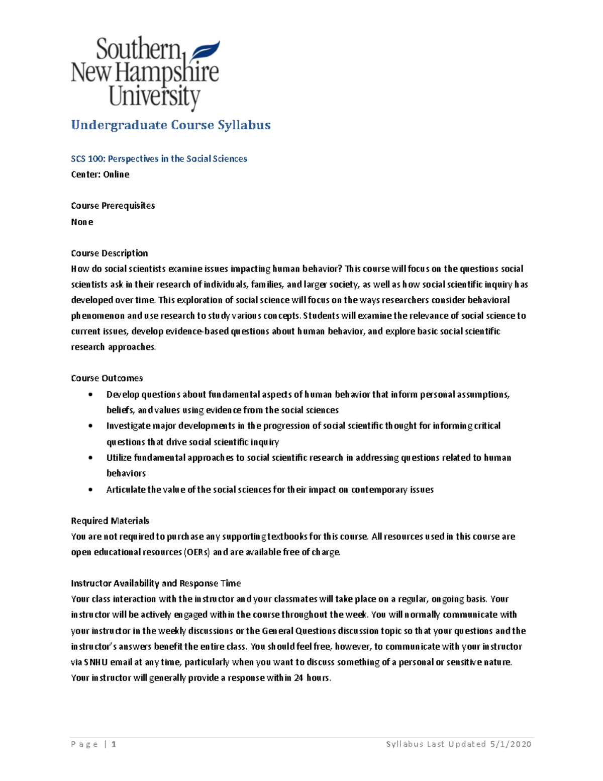 SCS 100 Syllabus - Undergraduate Course Syllabus SCS 100: Perspectives ...