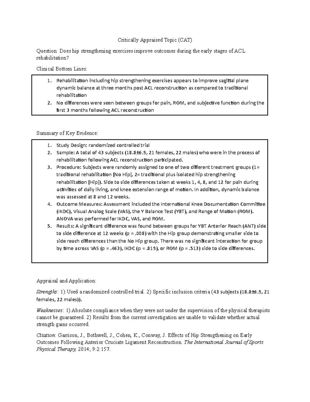 Critically Appraised Topic 3 - 2) Specific inclusion criteria (43 ...