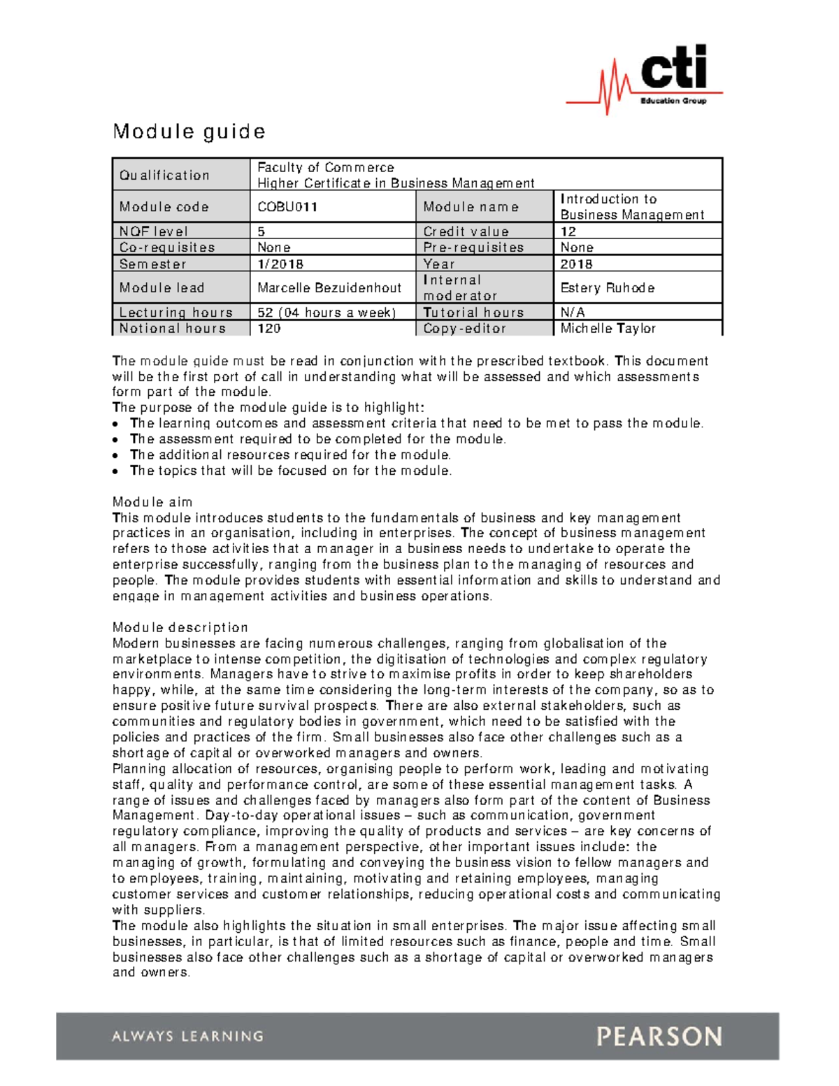 2018 Module guide COBU011 - Module guide Qualification Faculty of ...