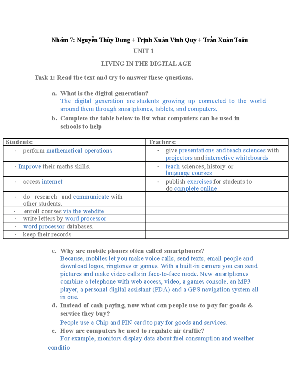 Nhóm 7 - Buổi 1 - bài tập - Nhóm 7: Nguyễn Thùy Dung + Trịnh Xuân Vinh Quy + Trần Xuân Toản UNIT ...