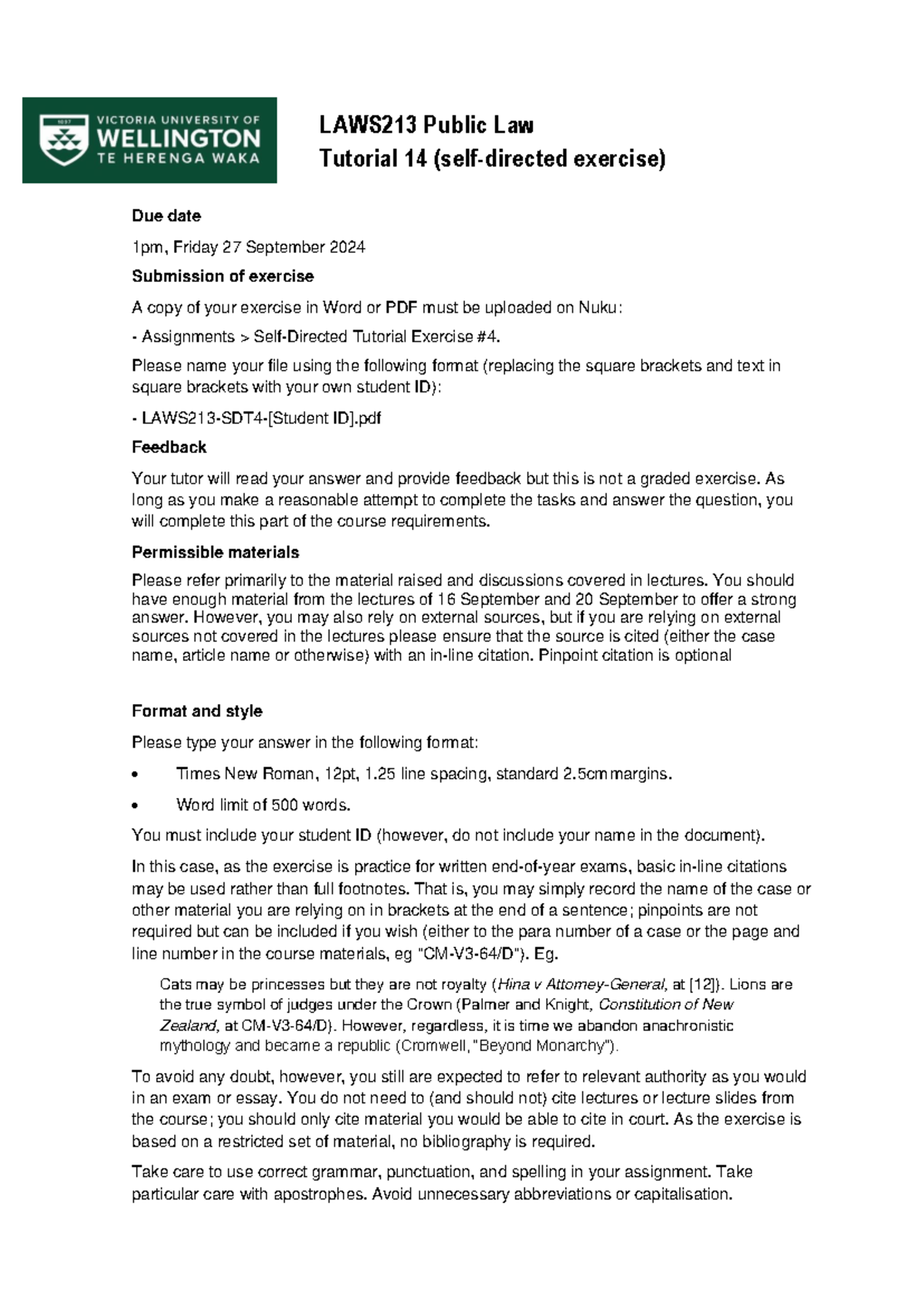 LAWS213 2024 Self-directed Tutorial 4 - LAWS213 Public Law Tutorial 14 ...