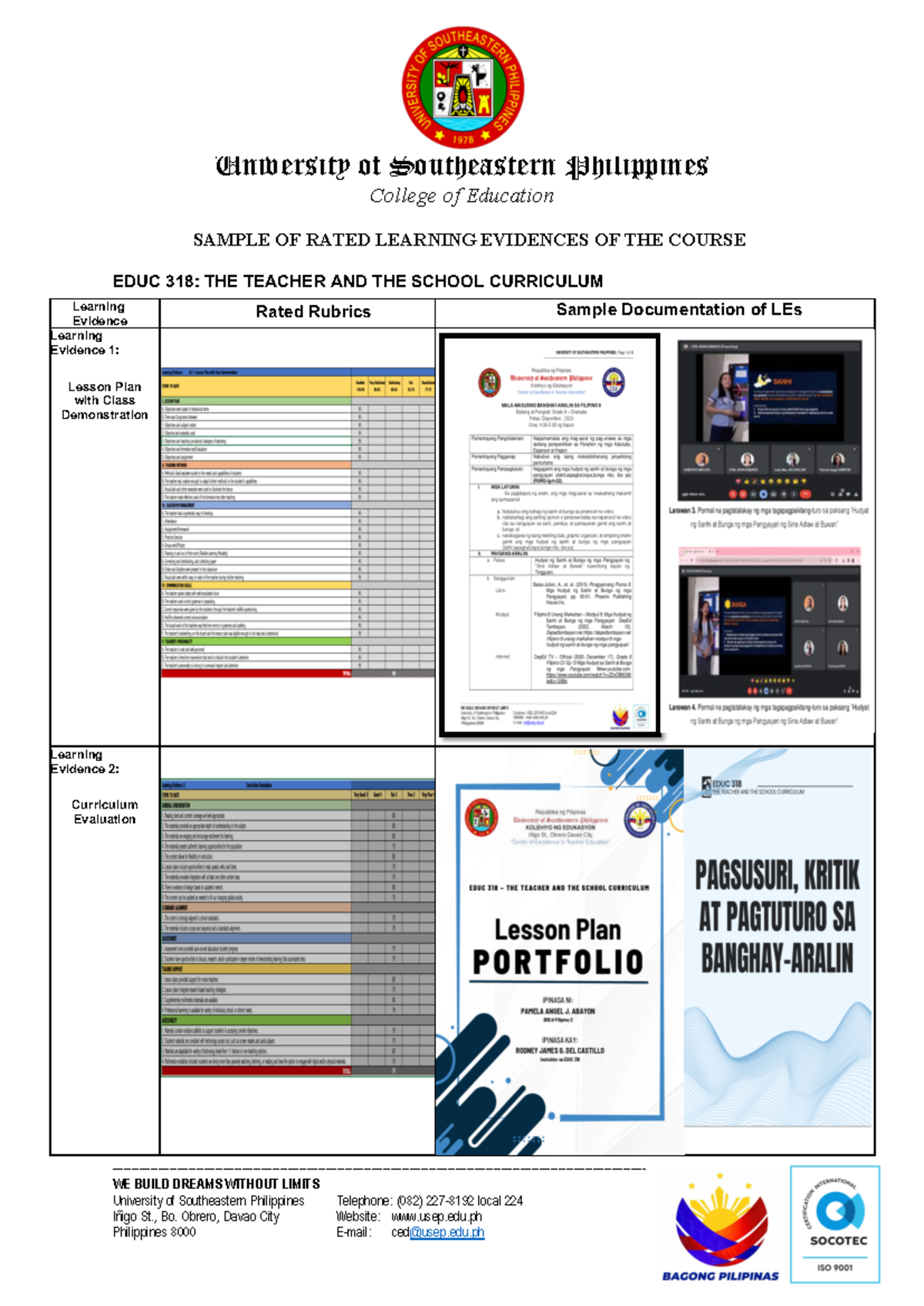 Sample Rated LEs DUC 318 - UNIVERSITY OF SOUTHEASTERN PHILIPPINES ...