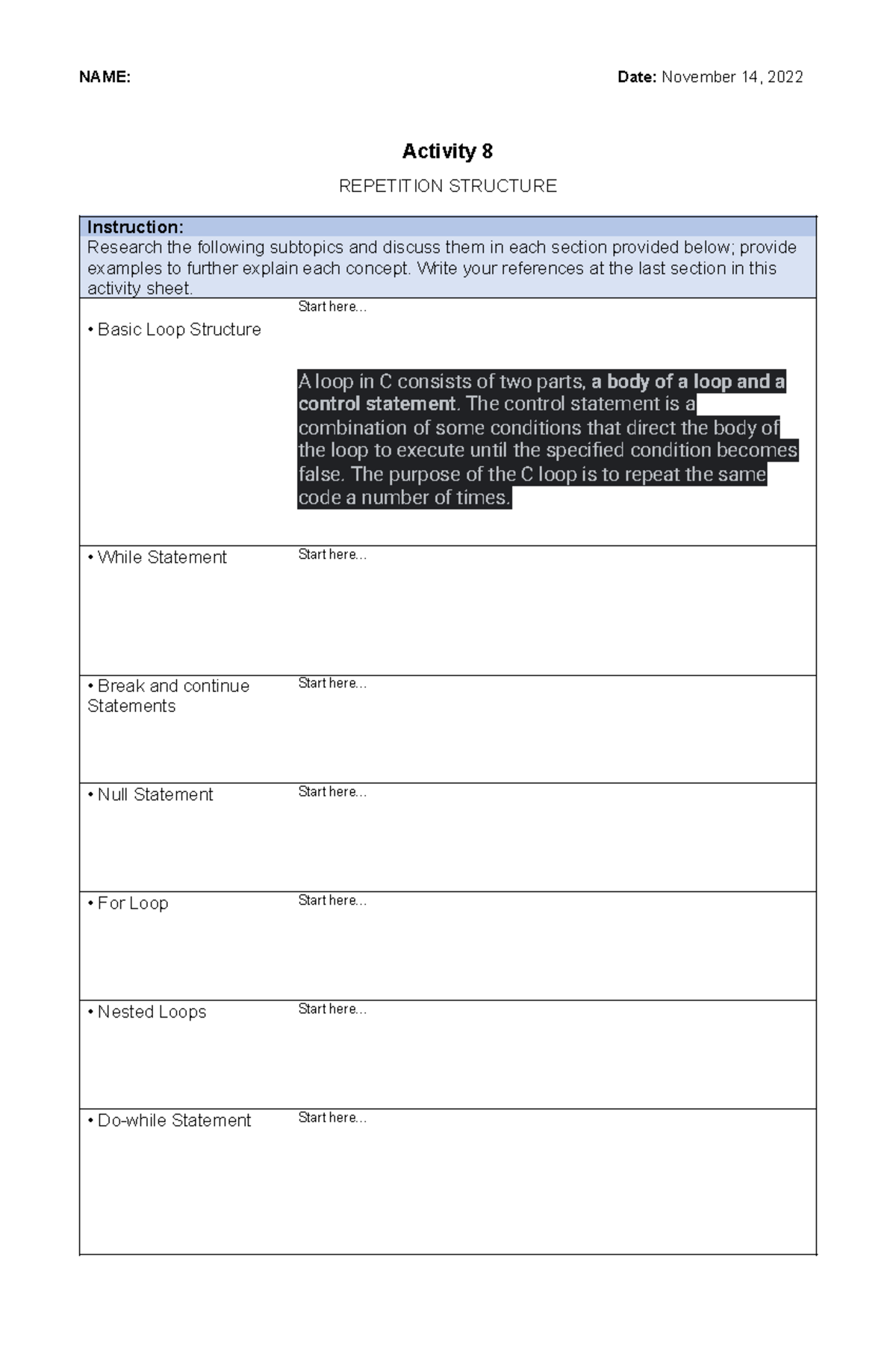 Activity 8 Repetition Structure - Activity 8 REPETITION STRUCTURE ...