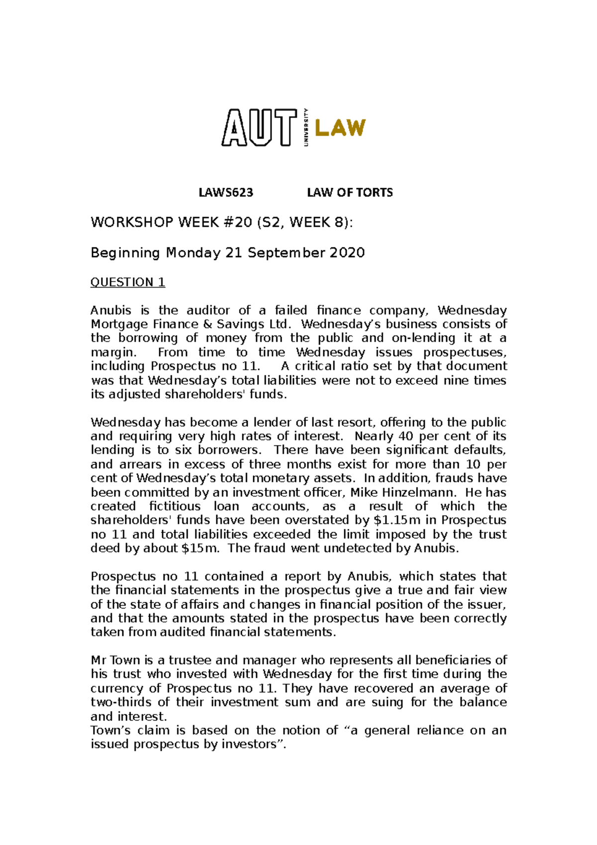 20 Torts 2020 - Week 20 workshop - LAWS623 LAW OF TORTS WORKSHOP WEEK #20 (S2, WEEK 8 ...