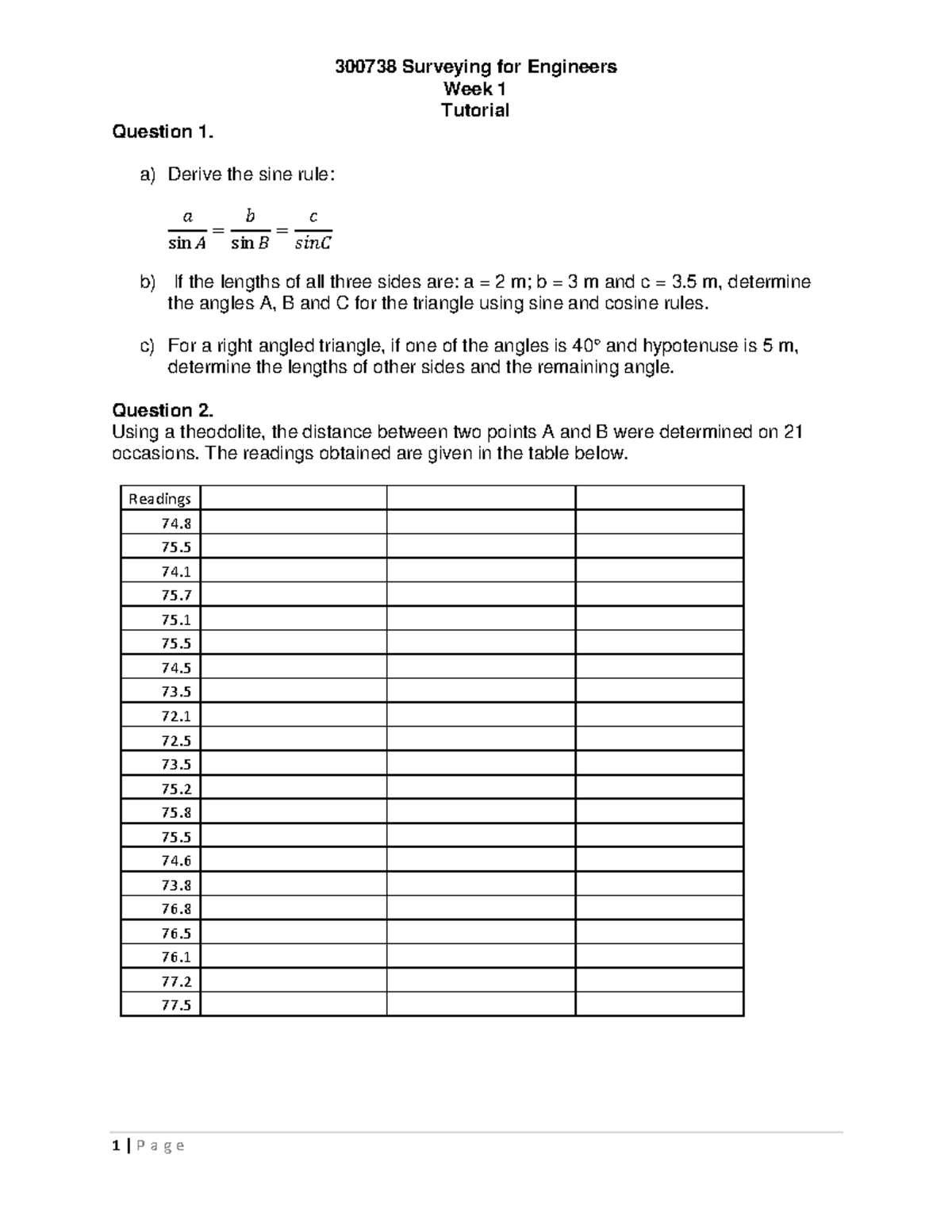 Weeks 1 tutorial questions - 300738 Surveying for Engineers Week 1 ...