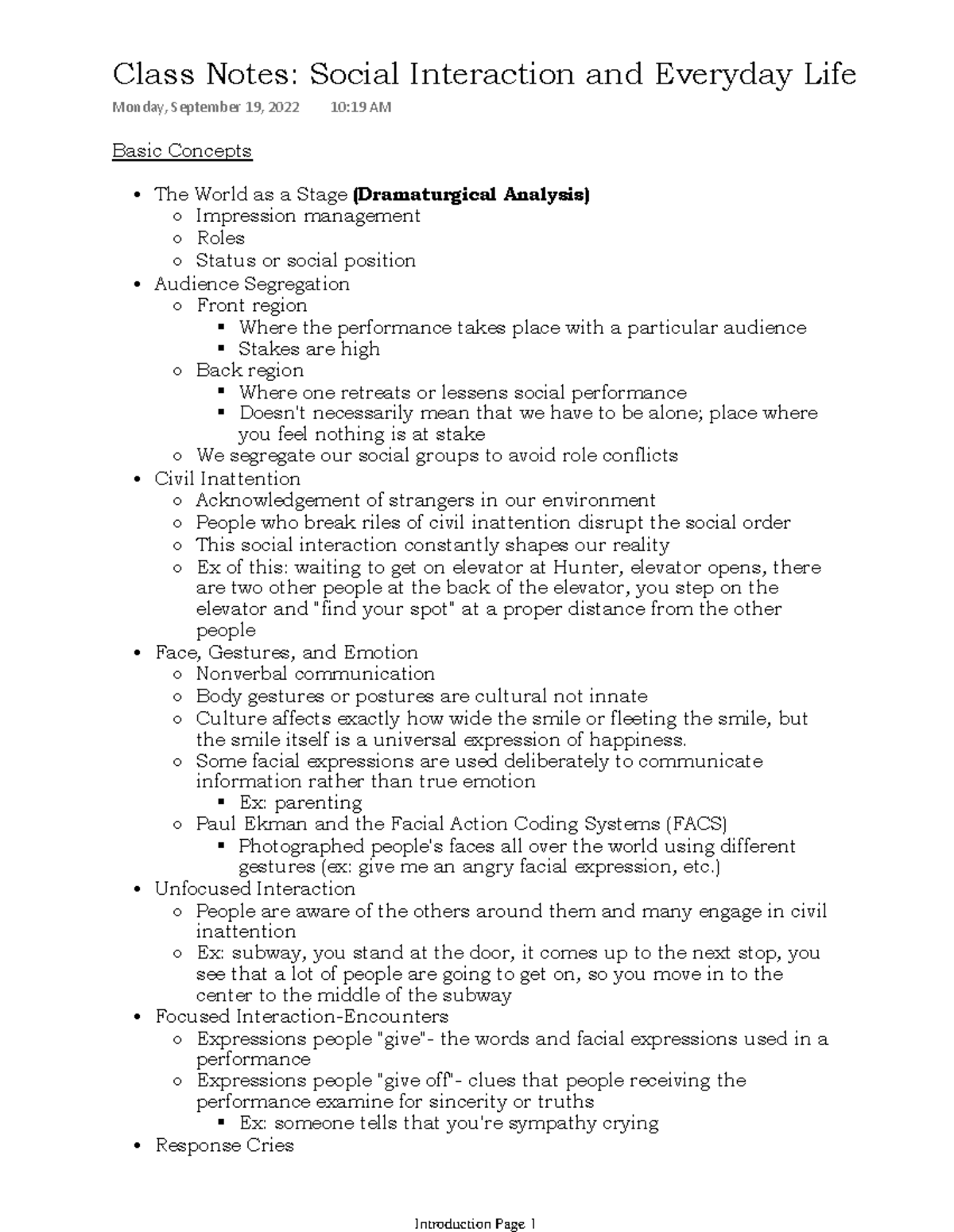 Class Notes Social Interaction and Everyday Life - Basic Concepts The ...