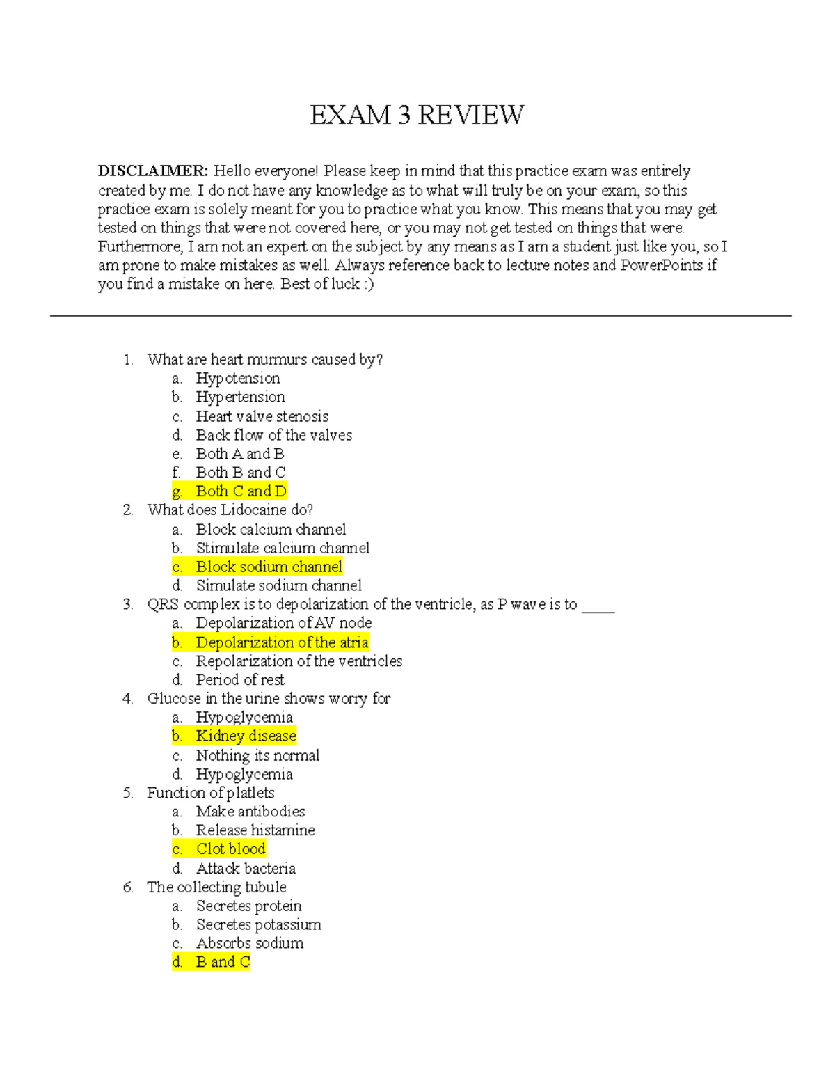 Exam 2 review with answers summer term B - EXAM 3 REVIEW DISCLAIMER ...
