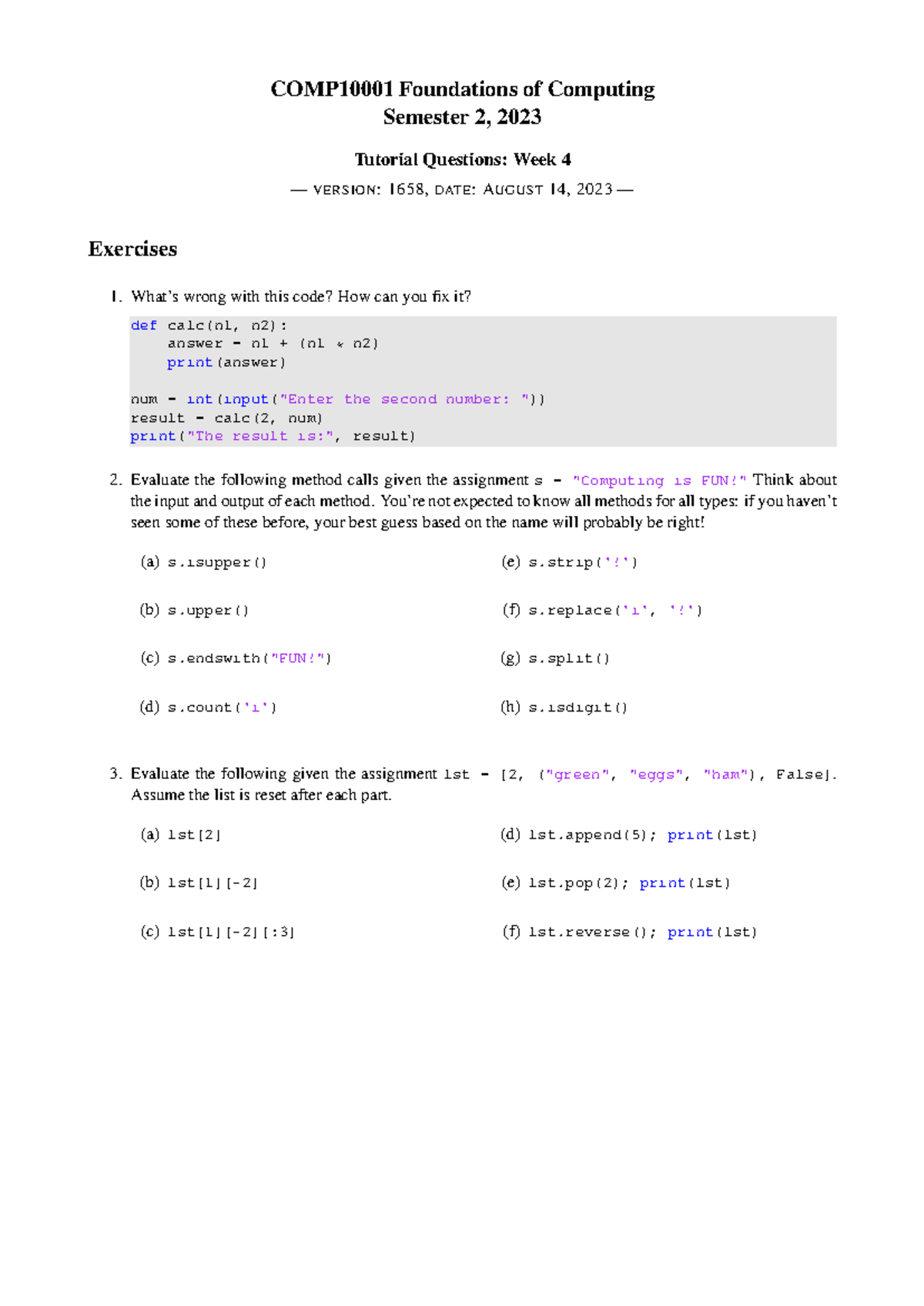 Tut Sheet Of Week 4 Comp10001 Foundations Of Computing Semester 2 2023 Tutorial Questions