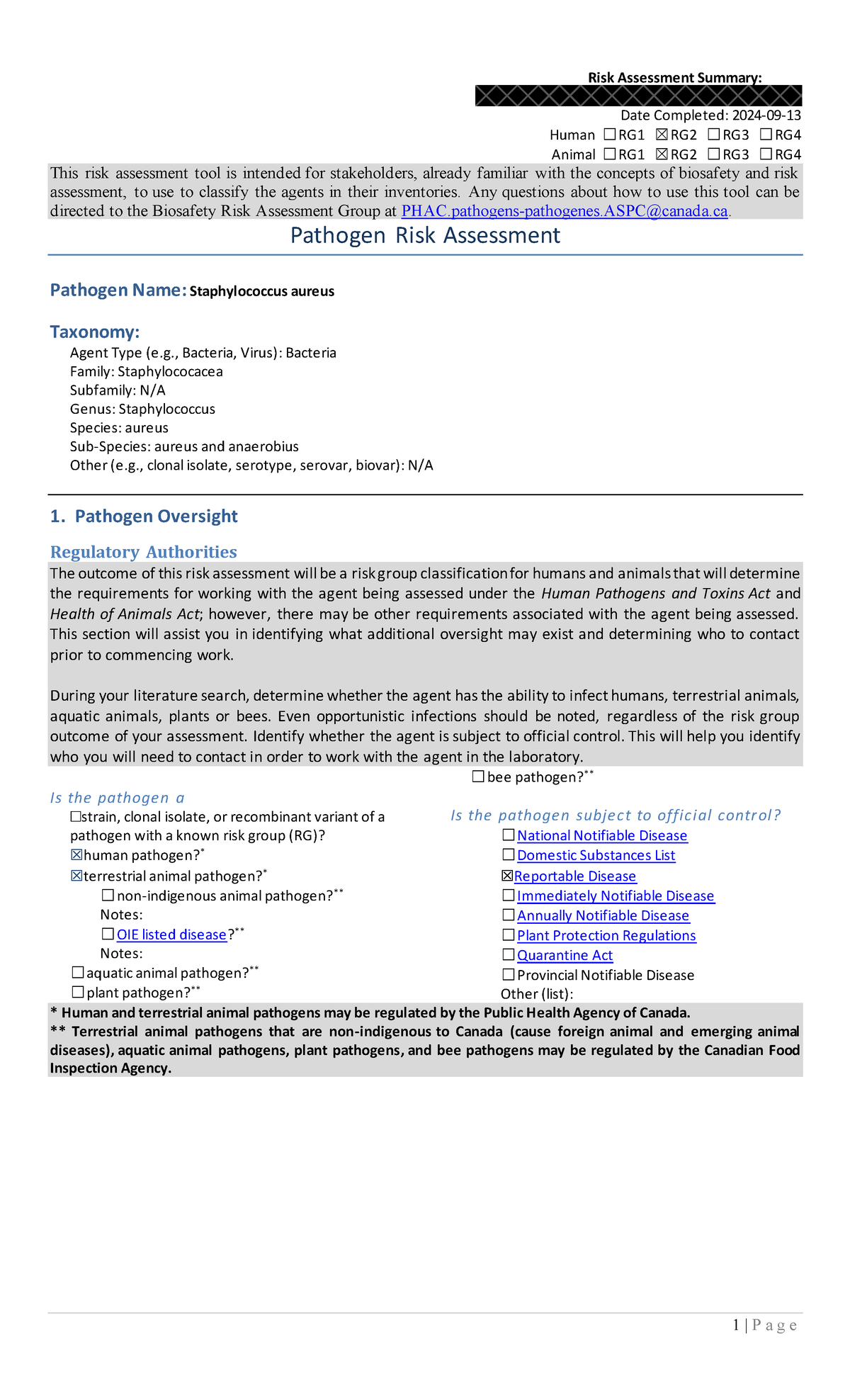 Example of Biosafety Risk Assessment (BSA) - Risk Assessment Summary ...