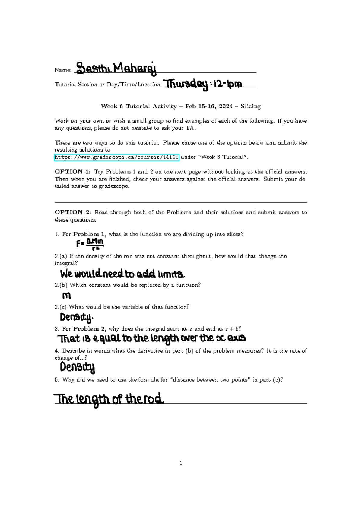 W6-tutorial-handout - extra help - Name: Tutorial Section or Day/Time/Location: Week 6 Tutorial ...