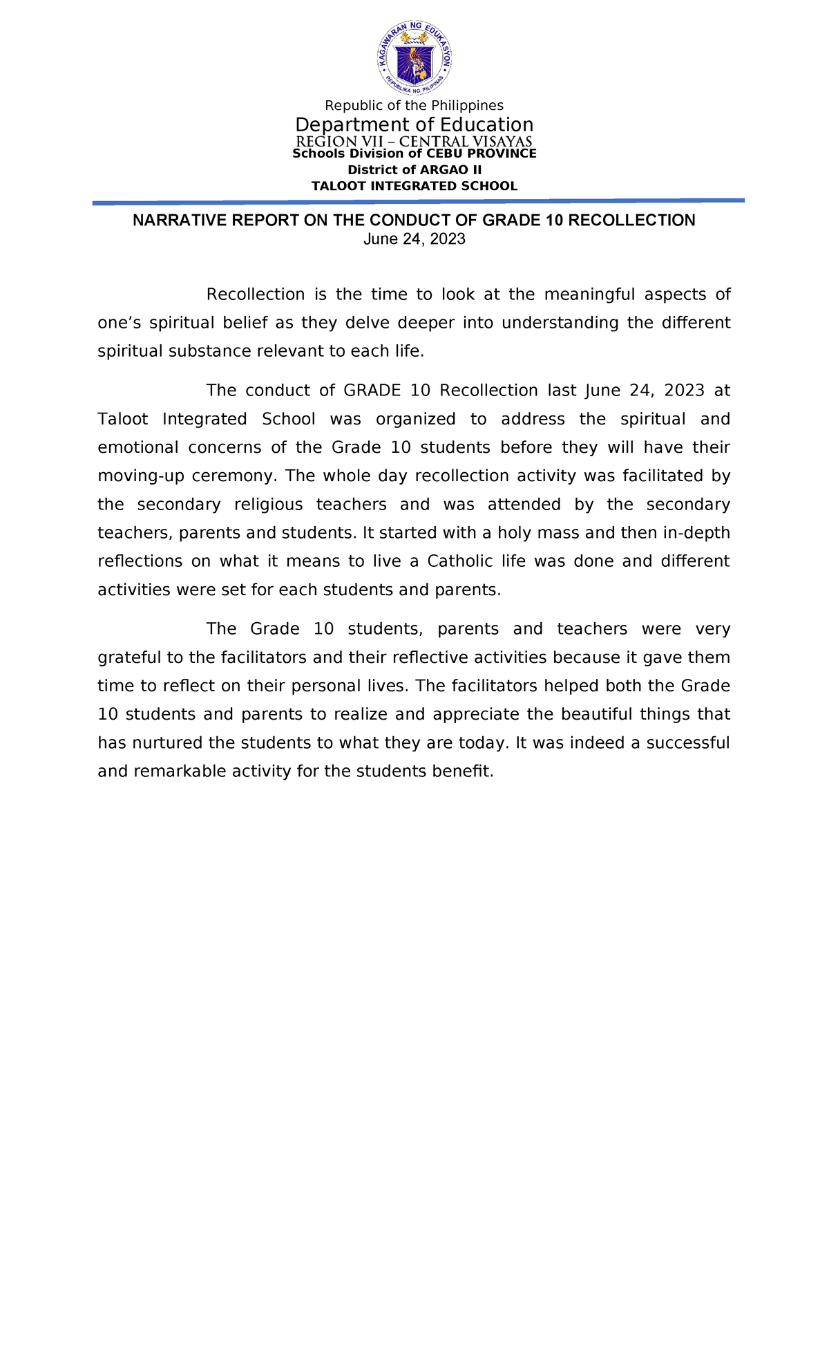 Science Month Narrative Report - Republic of the Philippines Department ...