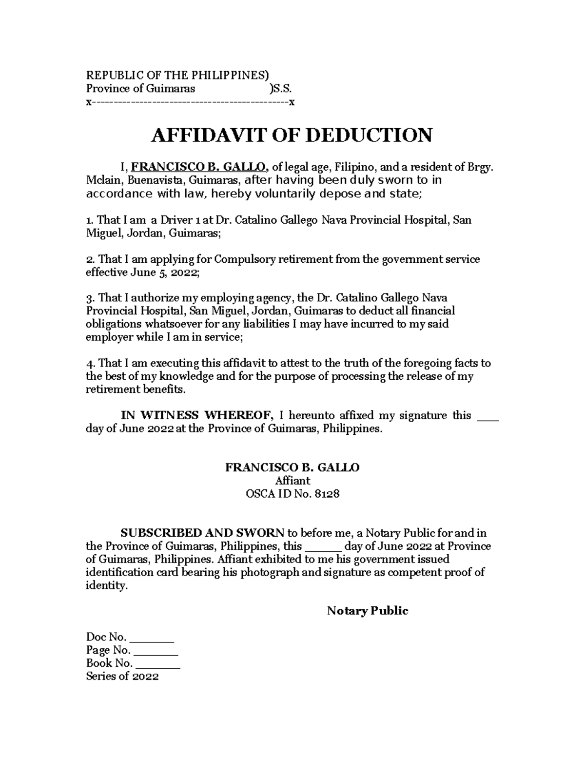 Affidavit-of-Deduction - REPUBLIC OF THE PHILIPPINES) Province of Guimaras )S. x-x AFFIDAVIT OF ...