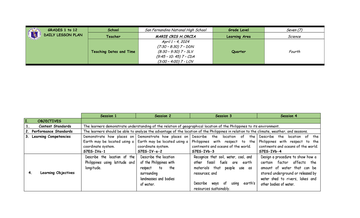 4th 1 - GRADES 1 to 12 DAILY LESSON PLAN School San Fernandino National ...