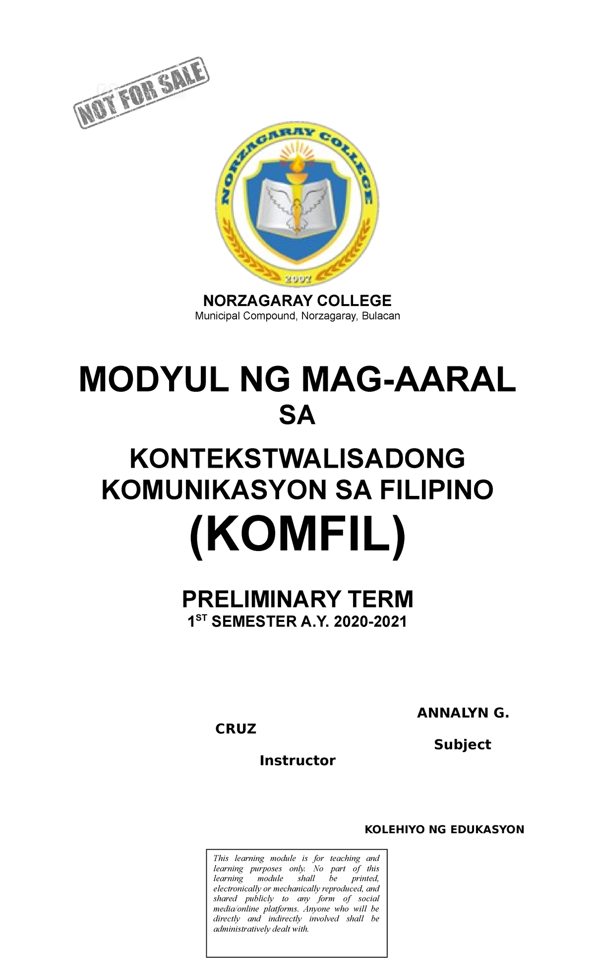 Komfil Preliminaryong Modyul 1 - NORZAGARAY COLLEGE Municipal Compound ...