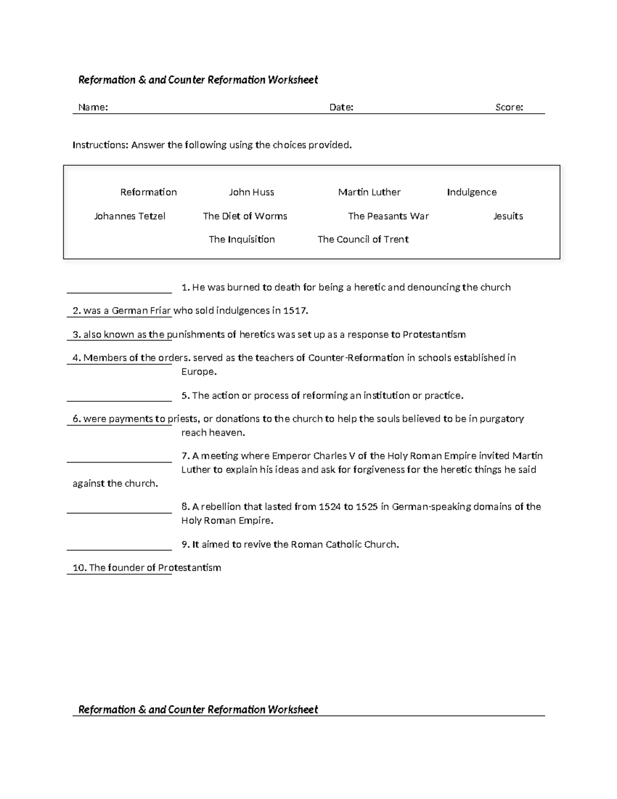 WS1History Reformaton&Counter Reformation - Reformation & and Counter ...