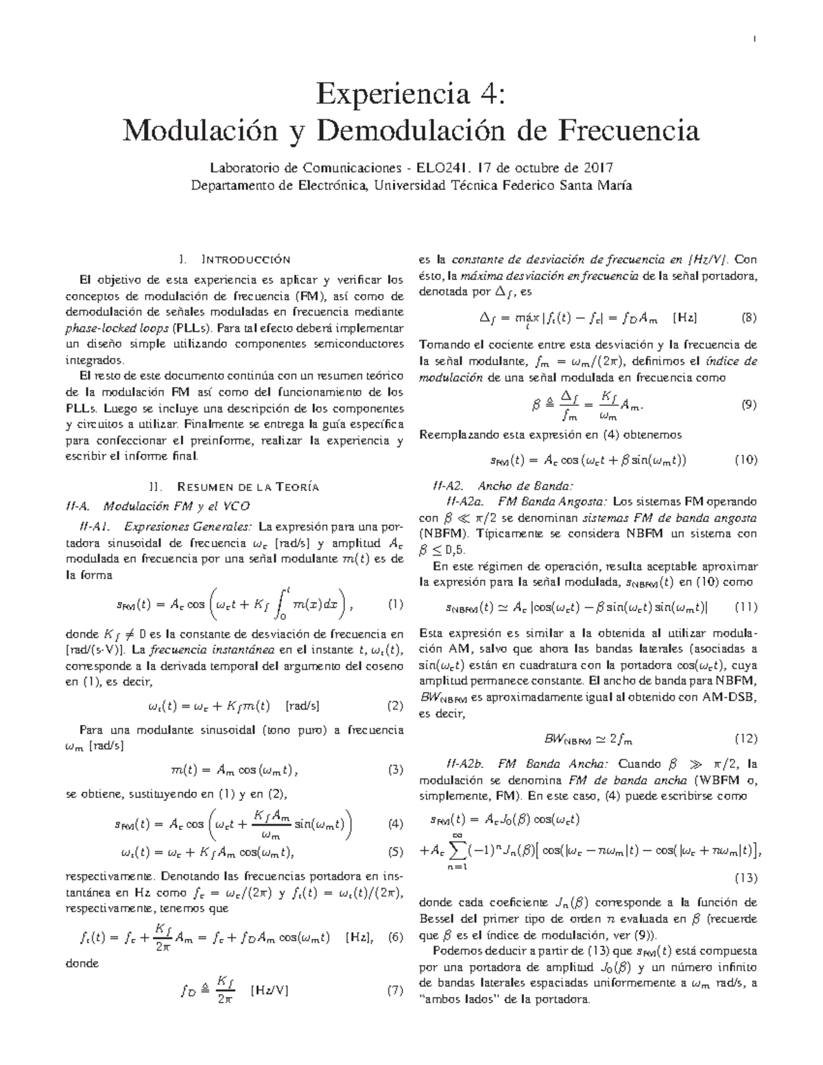 Experiencia 4 - Modulacion y Demodulación de Frecuencia - 1 Experiencia 4: Modulaci´on y - Studocu