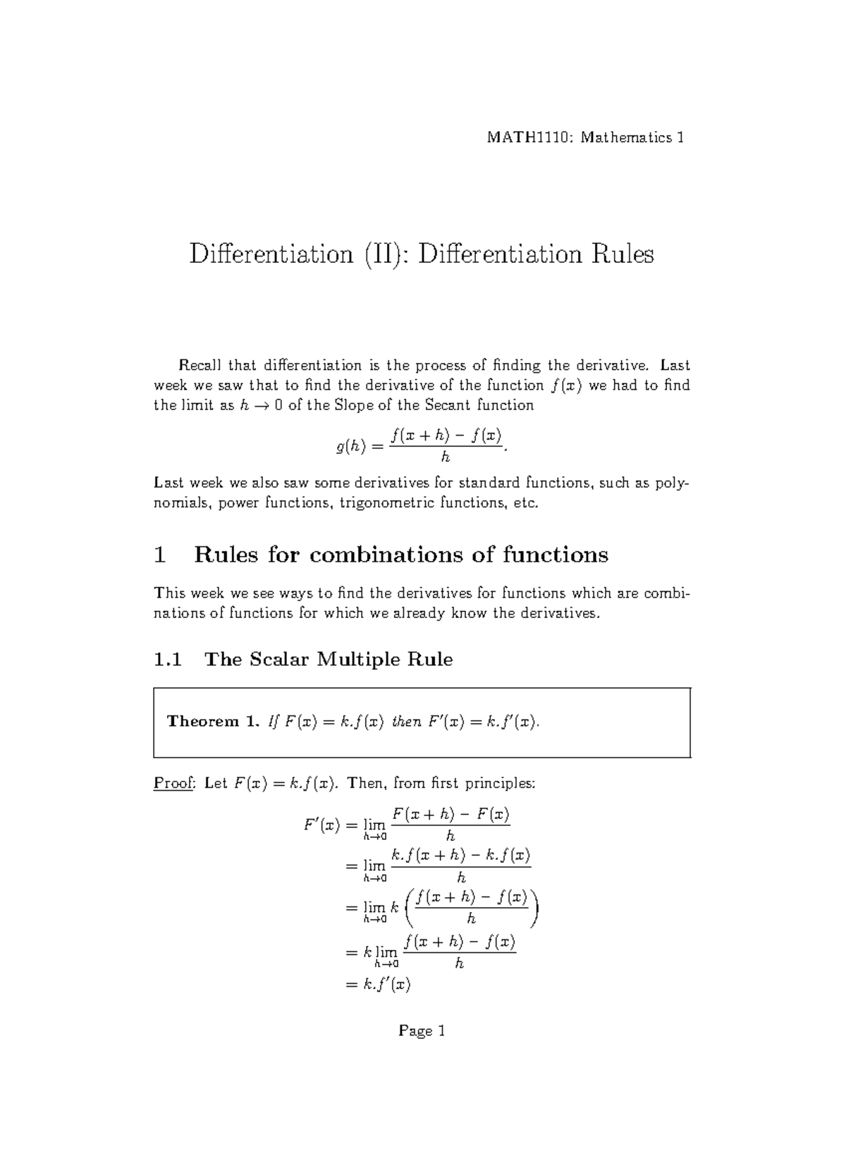 MATH1110 - Lecture 14 - Differentiation II - Differentiation (II): Differentiation Rules Recall ...
