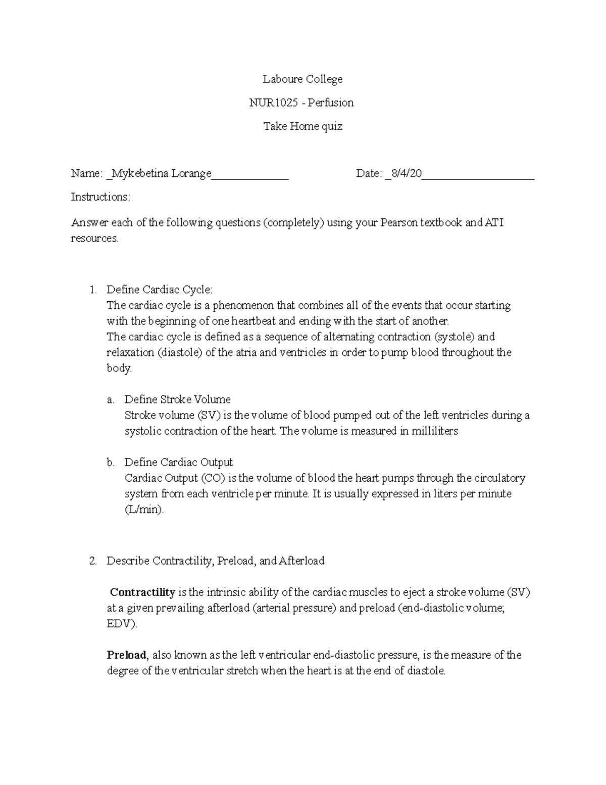 Perfusion quiz - Assignments - Laboure College NUR1025 - Perfusion Take ...