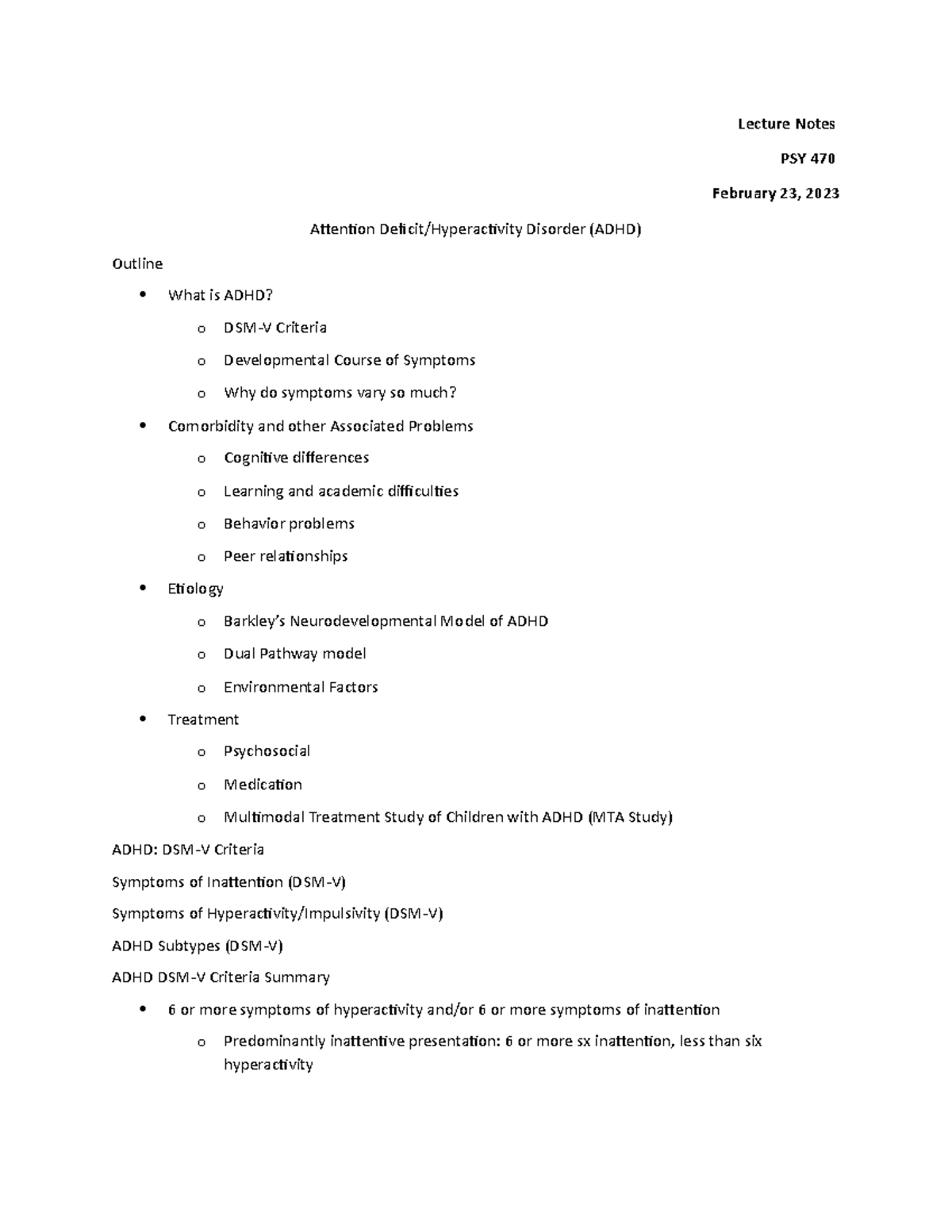 11 ADHD Part 1 - Notes taken from the professors class. - Lecture Notes ...