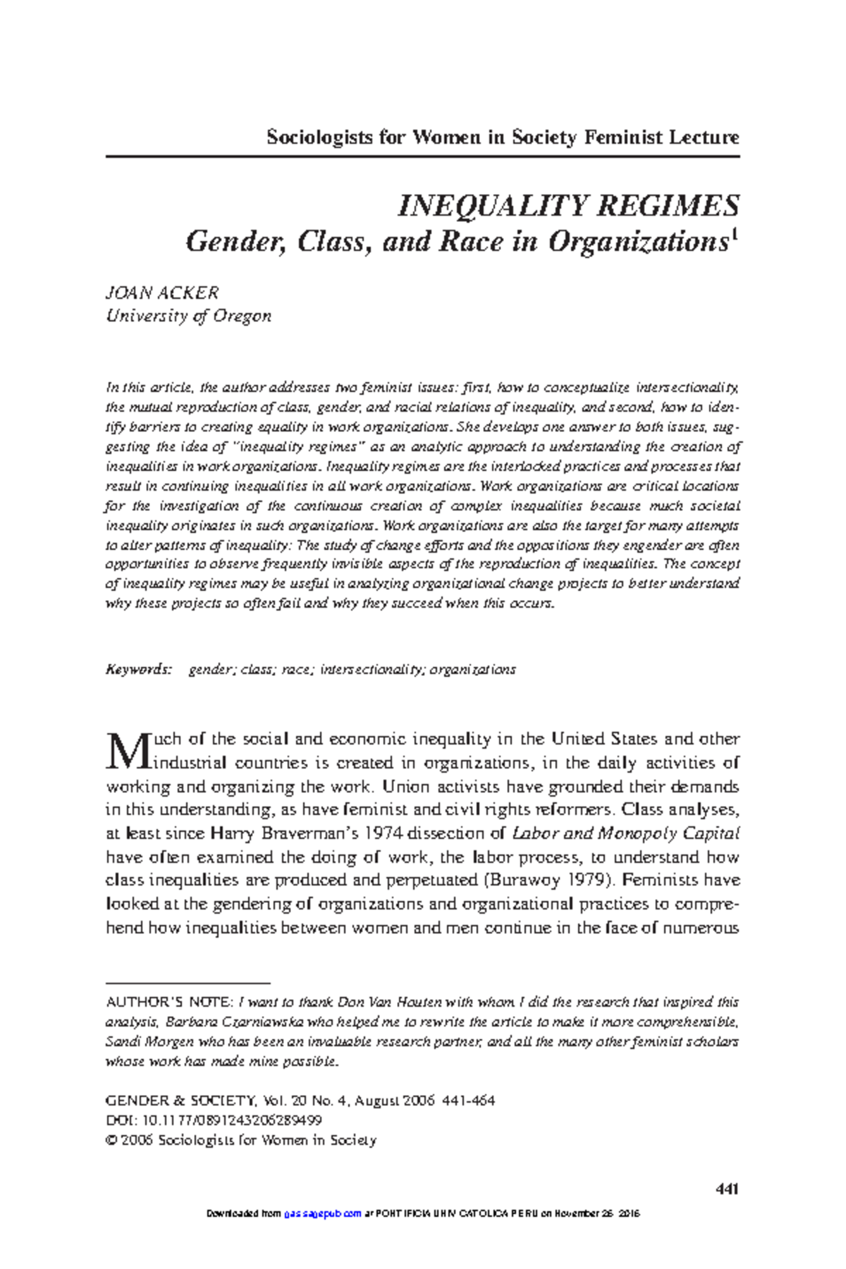 Acker (2006 ) - Sociologists for Women in Society Feminist Lecture ...