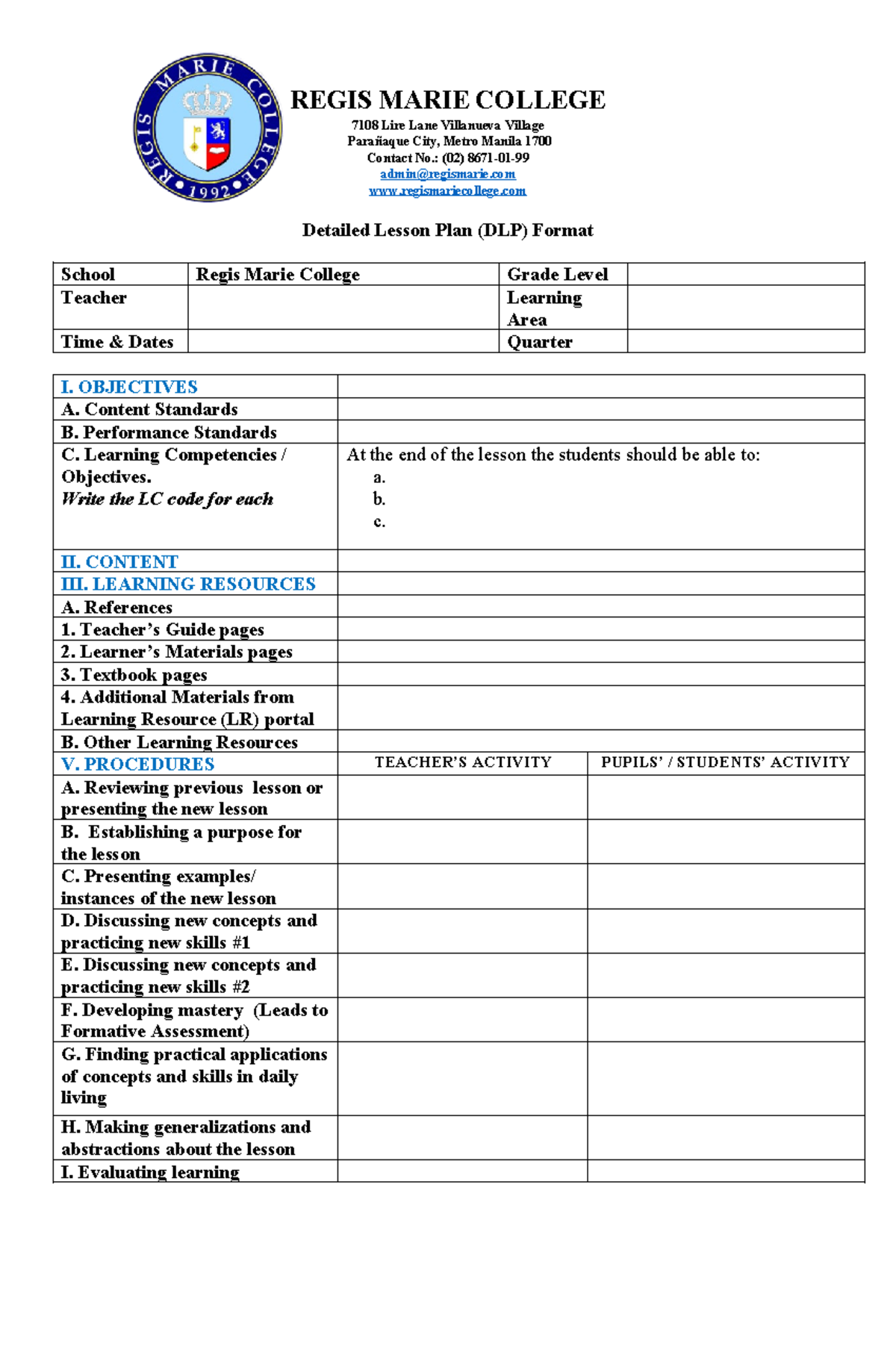 FACI-DLP- Format - good - REGIS MARIE COLLEGE 7108 Lire Lane Villanueva ...