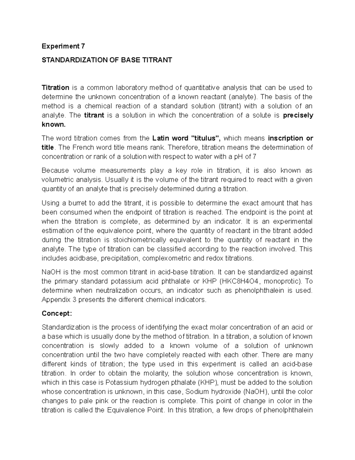 STANDARDIZATION OF BASE TITRANT - Experiment 7 STANDARDIZATION OF BASE ...