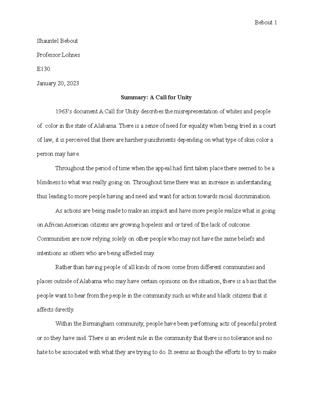 A Call for Unity Summary - Bebout 1 Shauntel Bebout Professor Lohnes E ...
