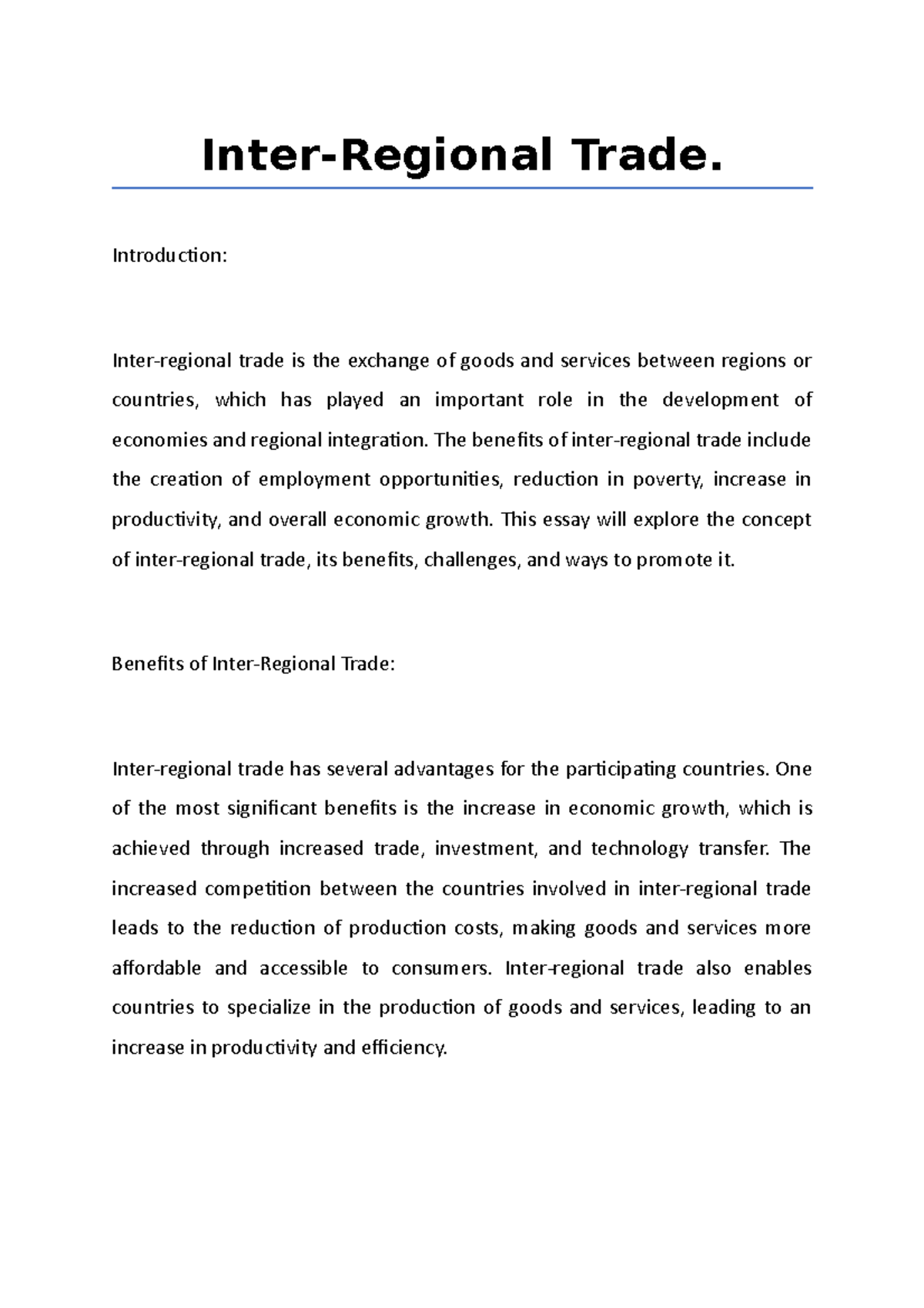 Brief note on Inter-Regional Trade - Inter-Regional Trade. Introduction ...