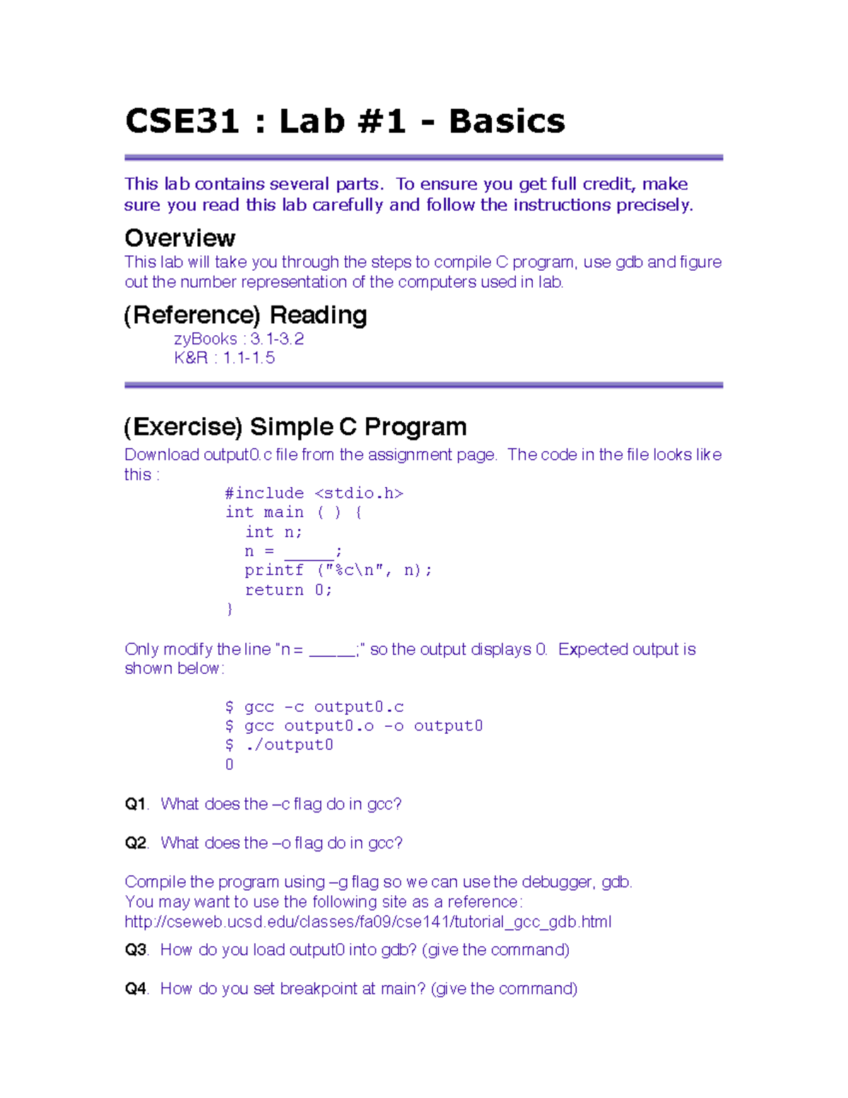 CSE31 lab01 - Instructor: Chi Yan Leung - CSE31 : Lab #1 - Basics This lab contains several ...