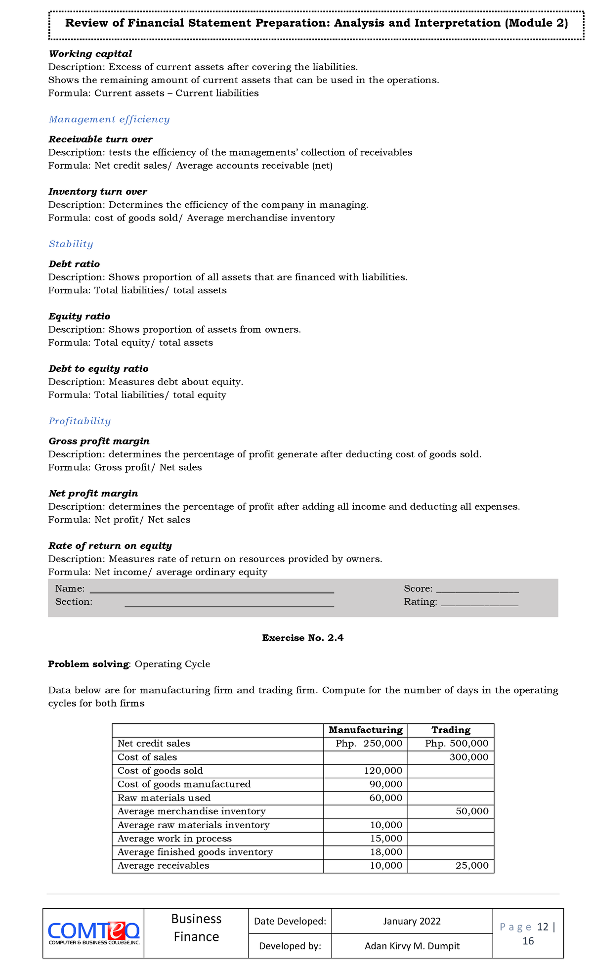 Activity 2 - eertt - Business Finance Date Developed: January 2022 P a ...