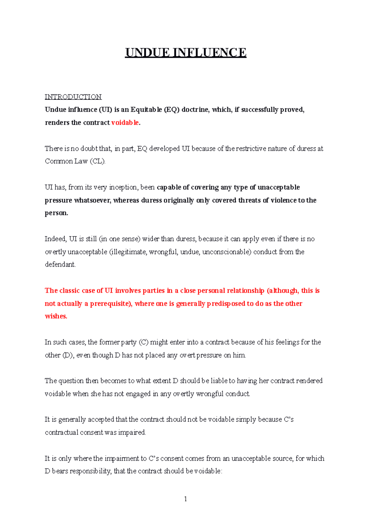 Undue Influence - UNDUE INFLUENCE INTRODUCTION Undue influence (UI) is ...