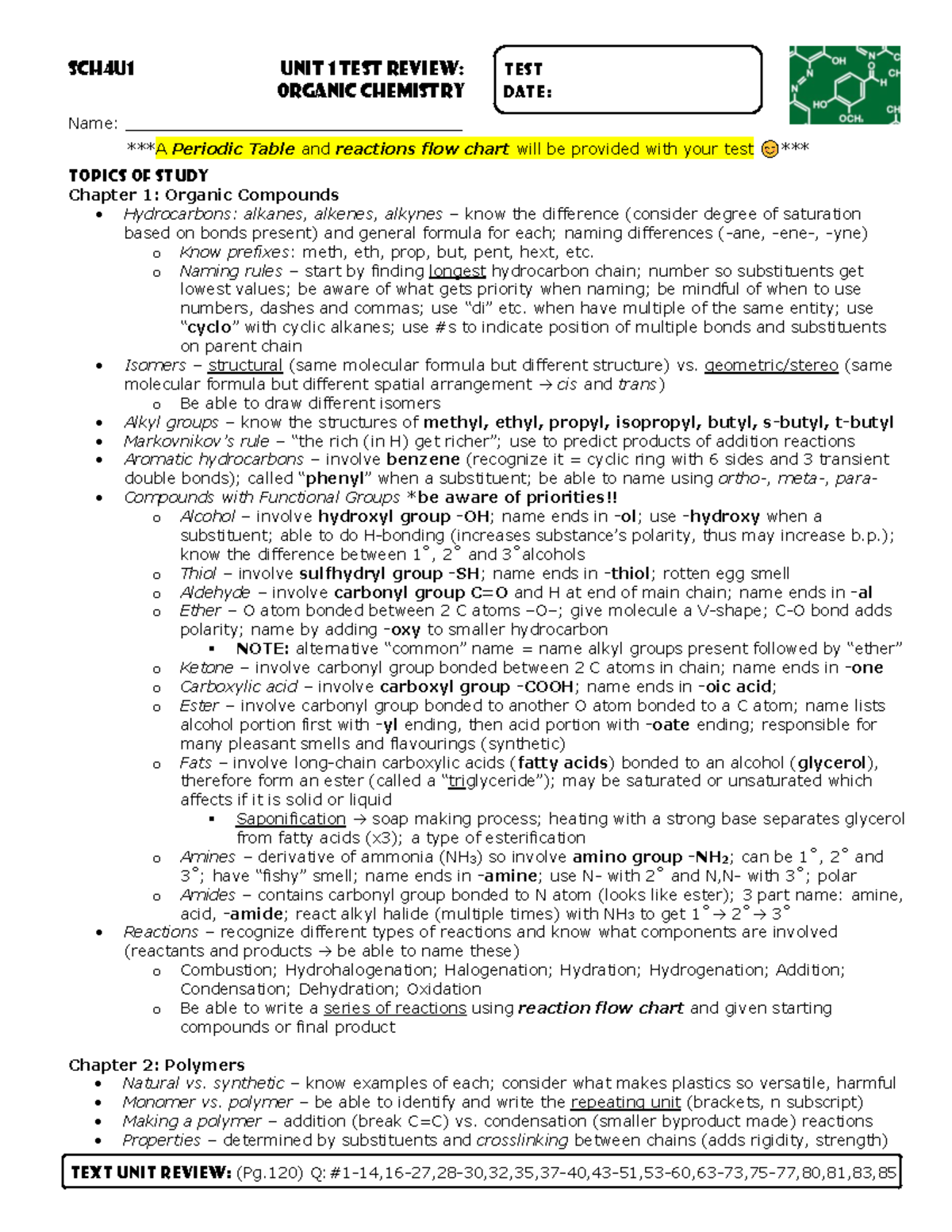 Unit 1 Test Review - SCH 4 U1 UNIT 1 TEST REVIEW: TEST Organic ...