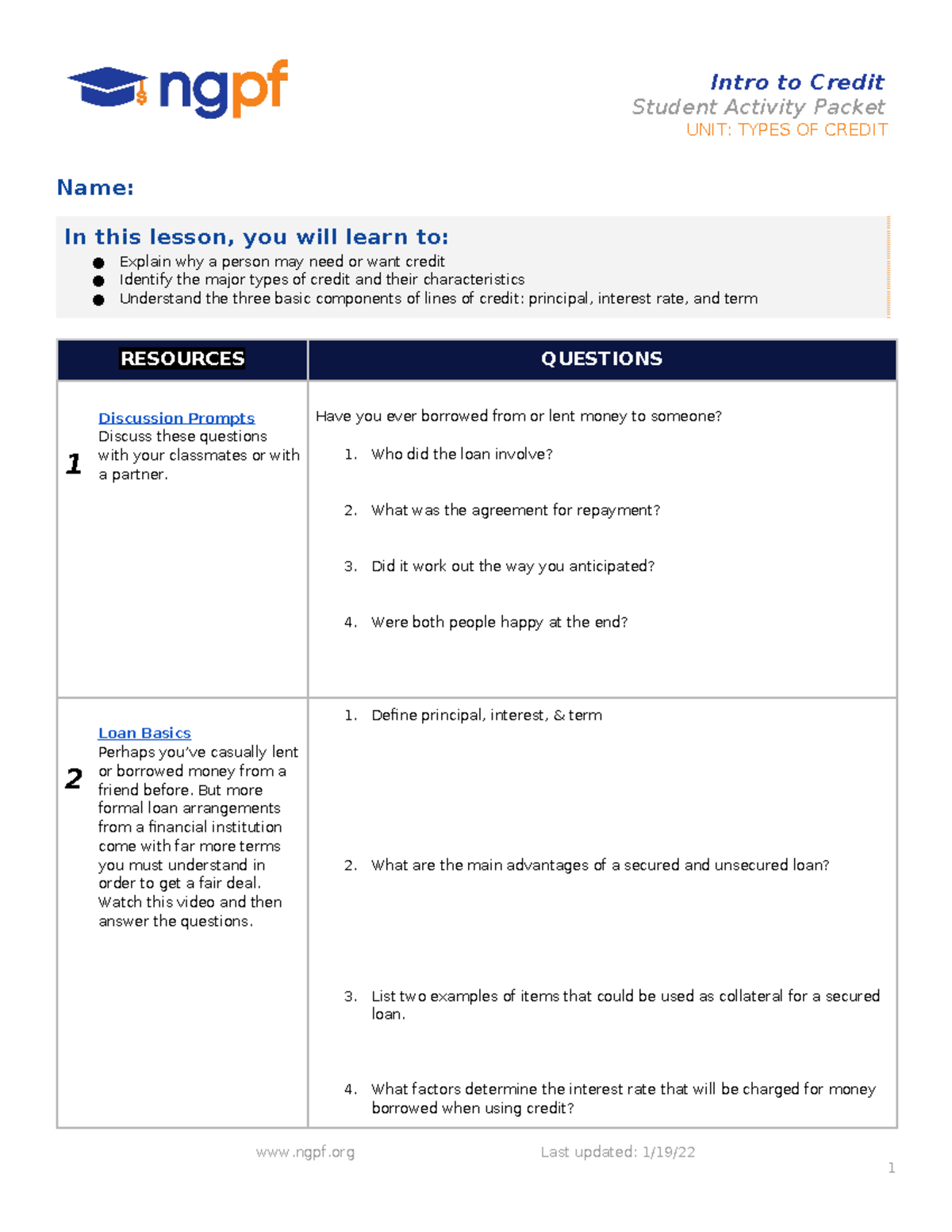 02 Intro to Credit Student Packet - Intro to Credit Student Activity ...