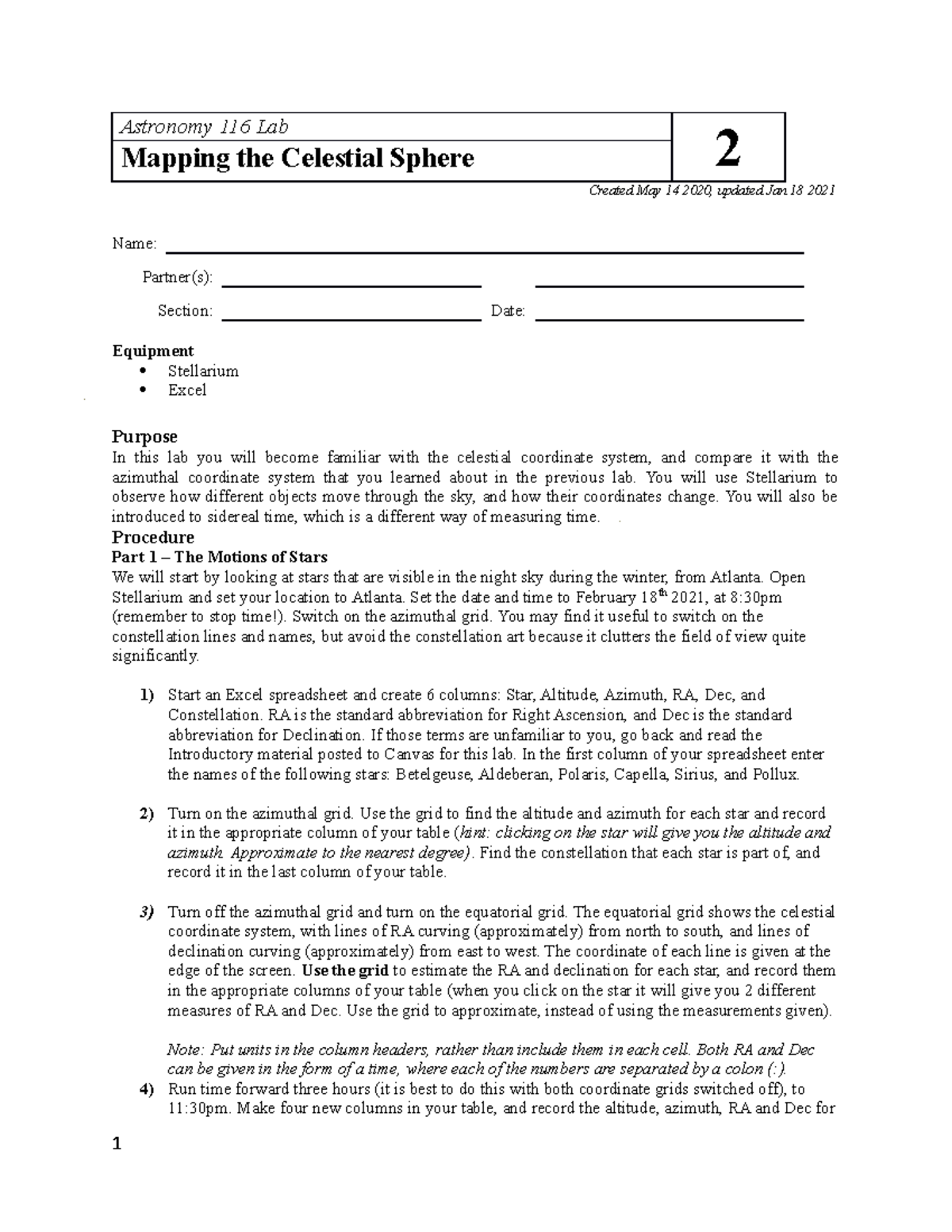 Intro to Astronomy Lab: 2 Mapping the Celestial Sphere - Astronomy 116 ...
