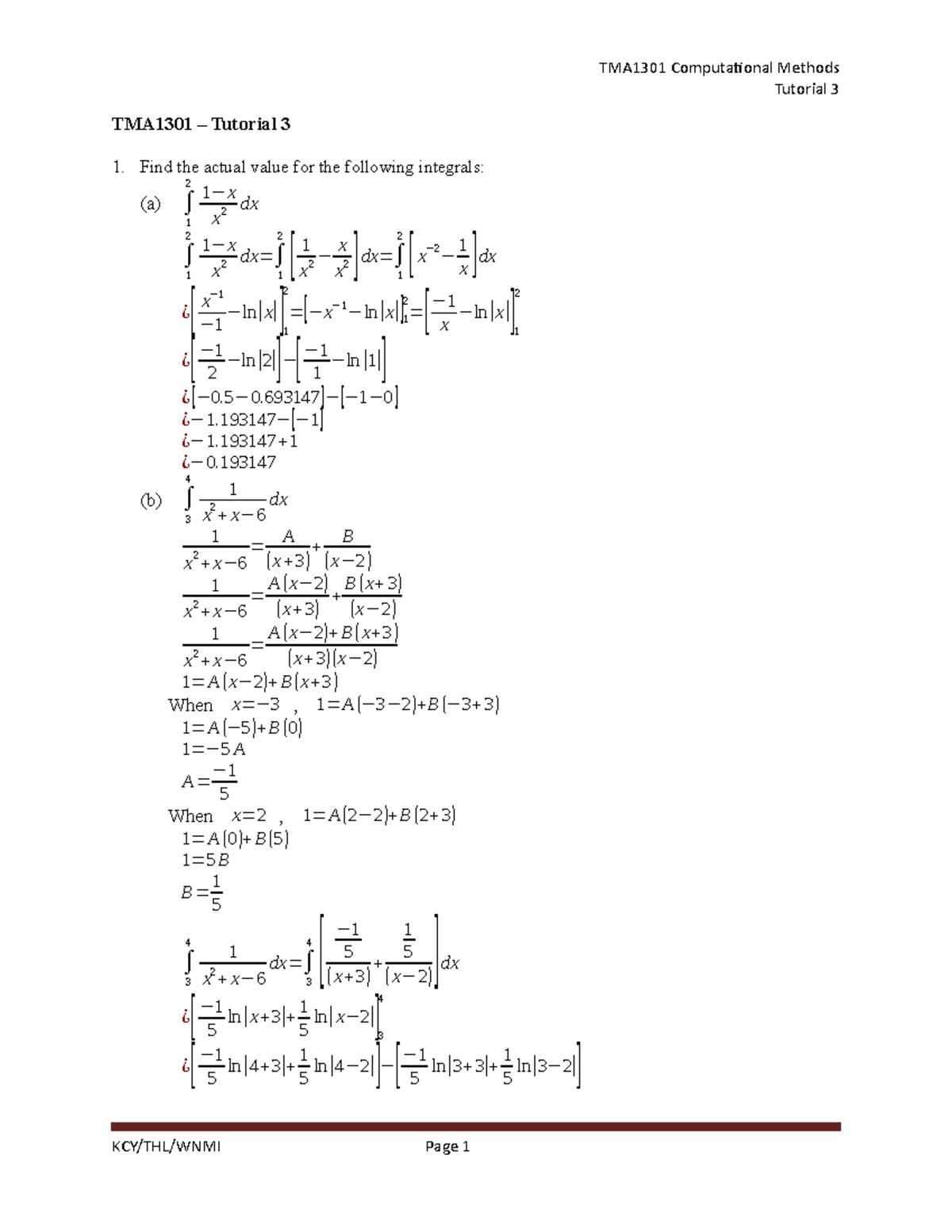 TMA1301 Tutorial 03 Answers - TMA1301 Computational Methods Tutorial 3 TMA1301 Tutorial 3 1 ...