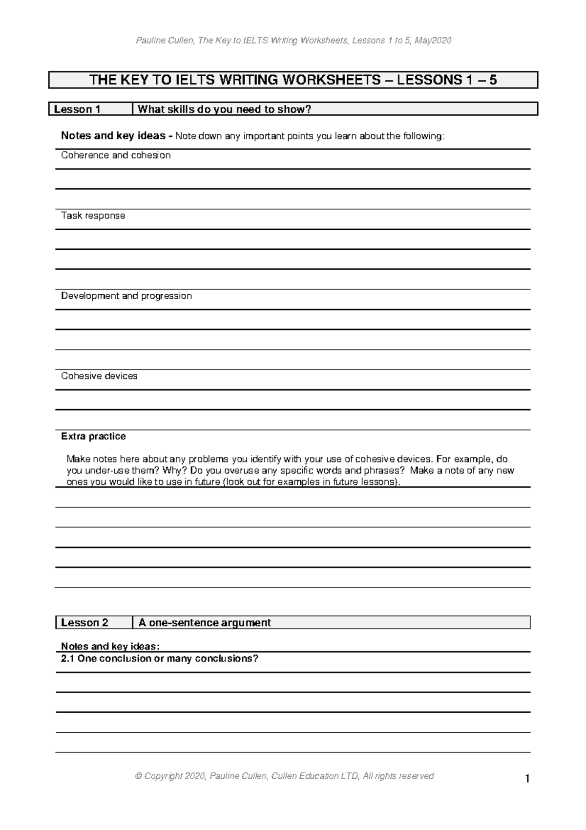 Lessons 1 to 5 Worksheets - © Copyright 2020, Pauline Cullen, Cullen ...
