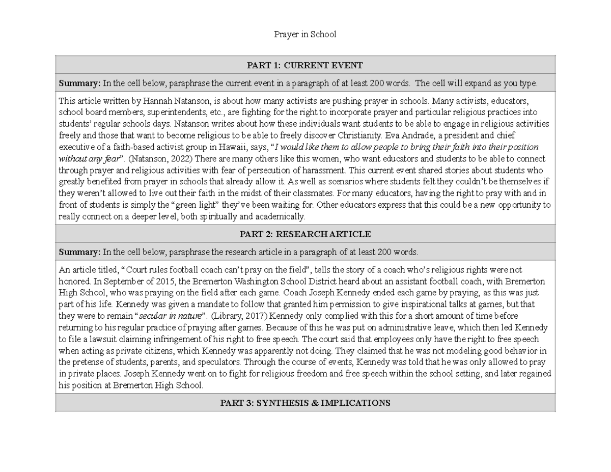 Current Events and Research - Prayer in School PART 1: CURRENT EVENT ...