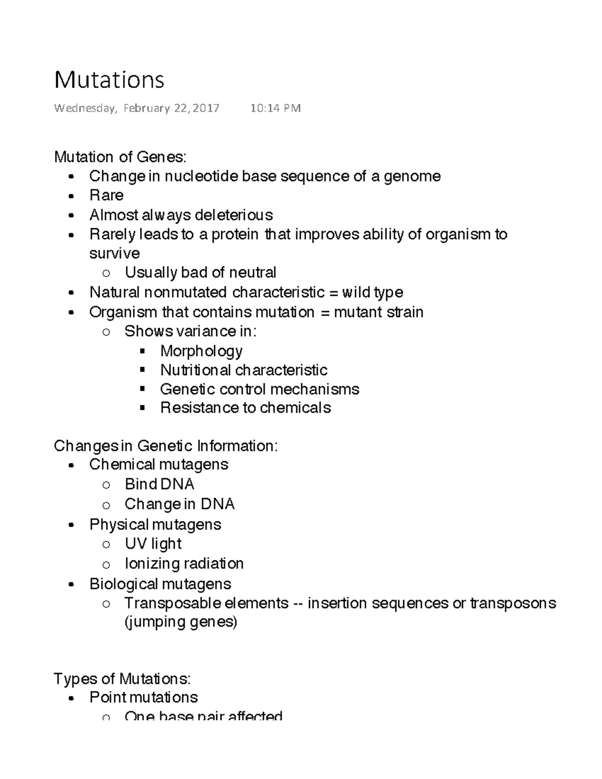Bio 307 Mutations - Mutations Wednesday, February 22, 2017 10:14 PM ...